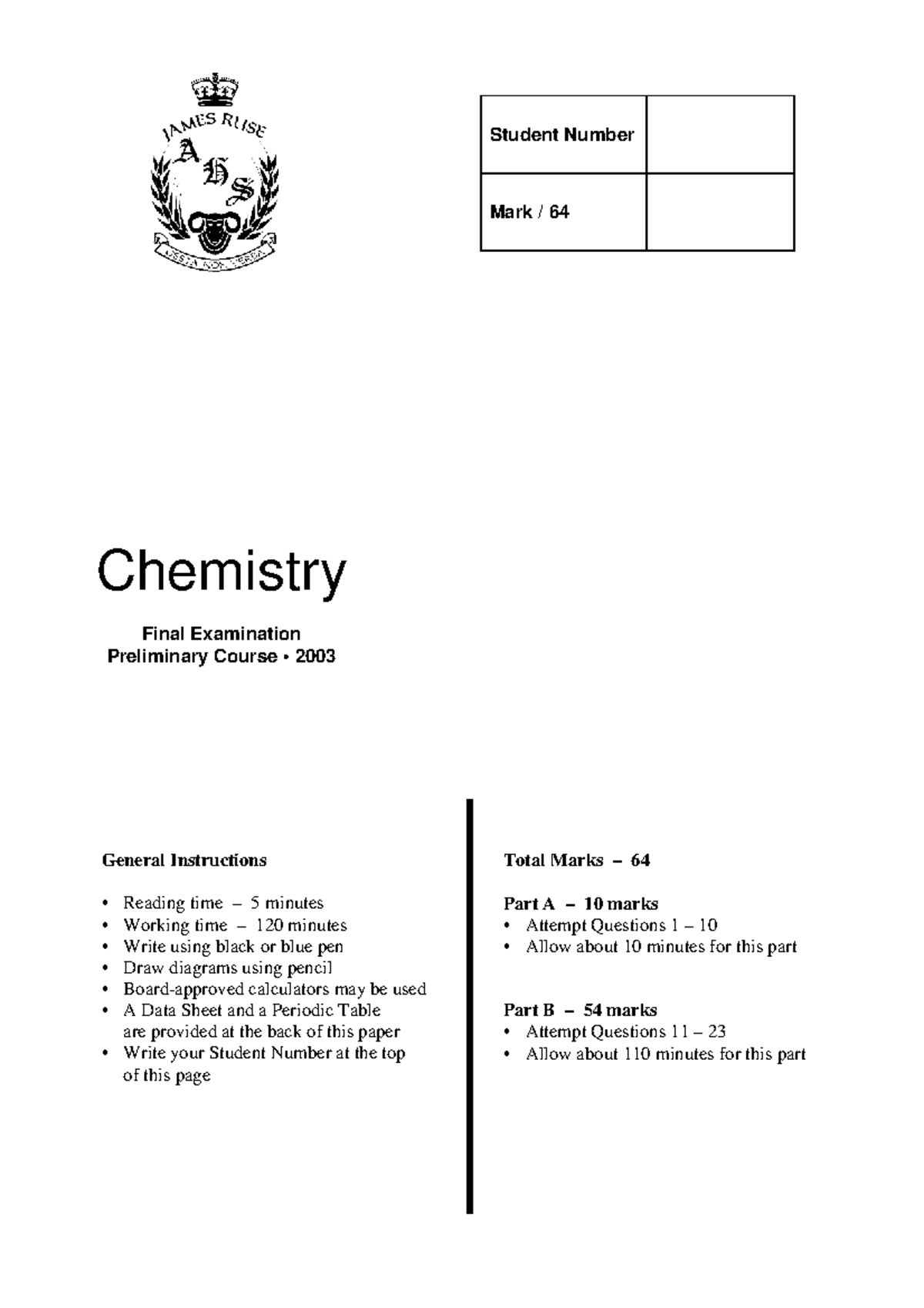 Chemistry 2003 Prelim Final Exam & Solutions Guide - Studocu