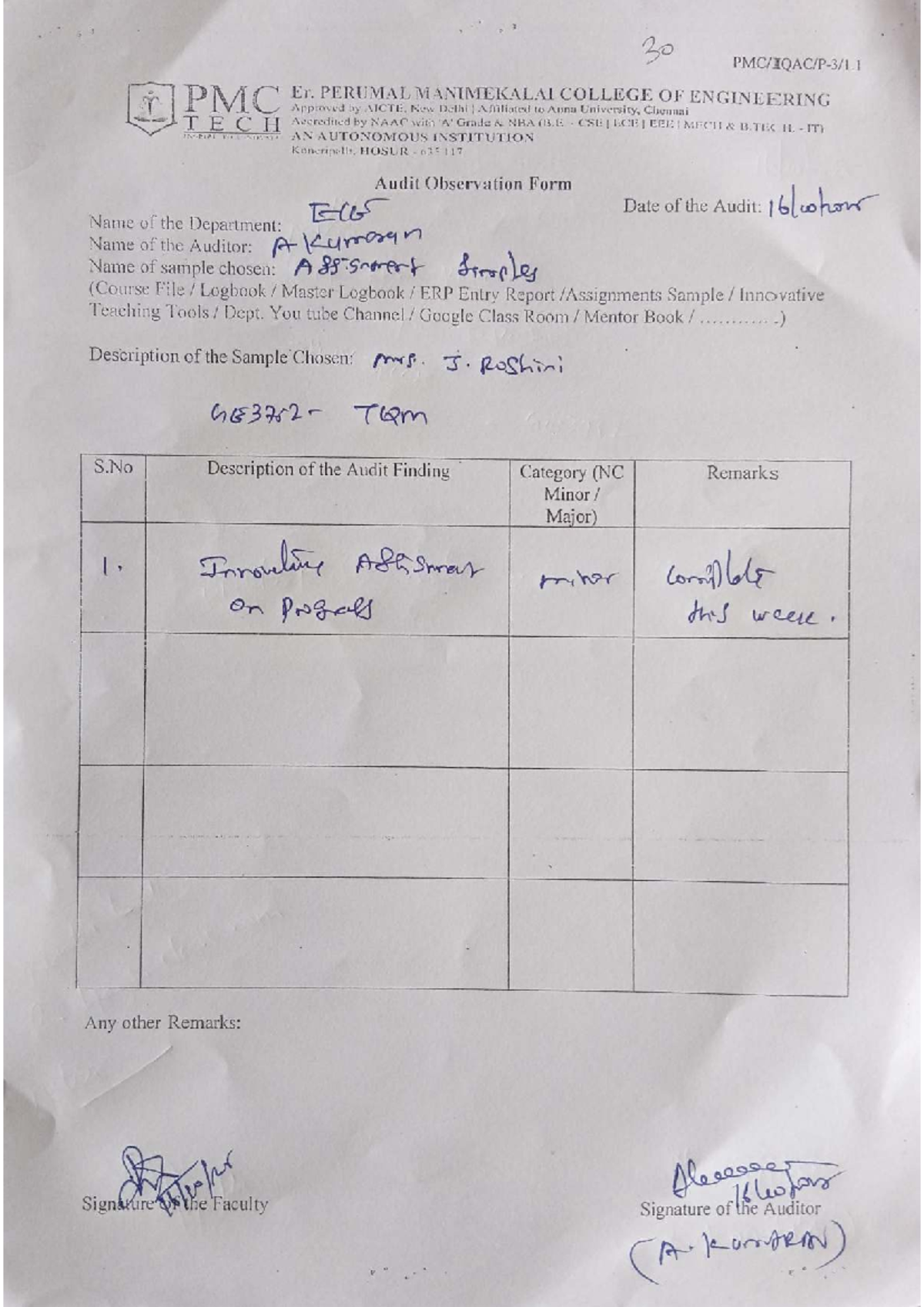 Audit Observation Form: Assignment Samples for ECE - 30 PMC - Studocu