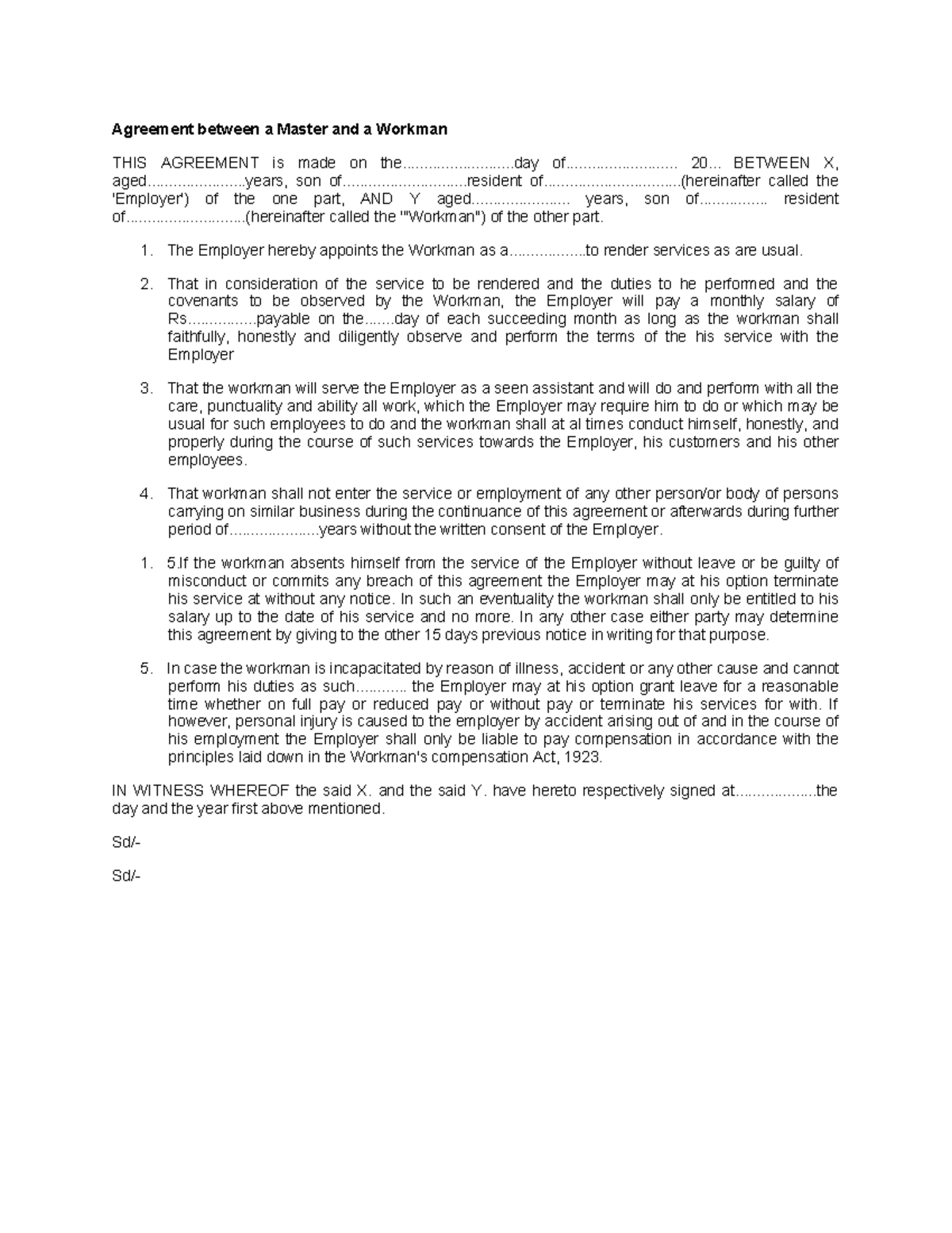 Master-Workman Agreement Template: Employment Terms & Conditions - Studocu