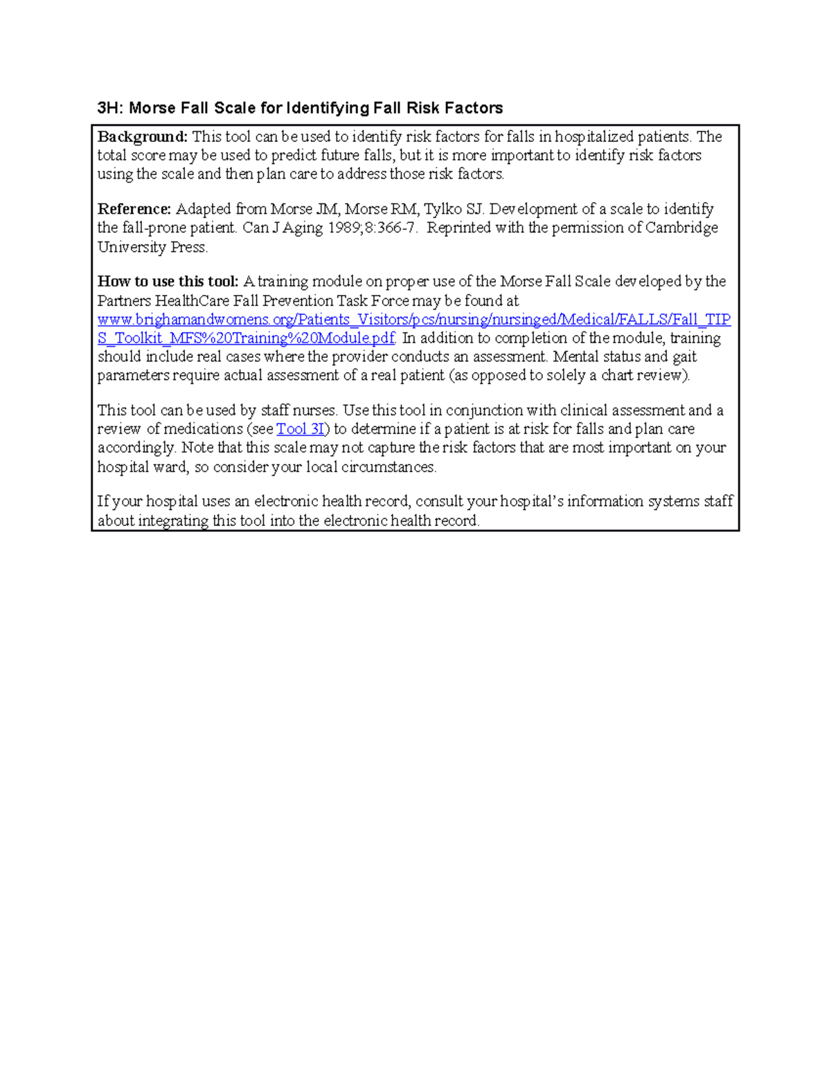 3H: Morse Fall Scale Tool for Assessing Patient Fall Risk Factors - Studocu