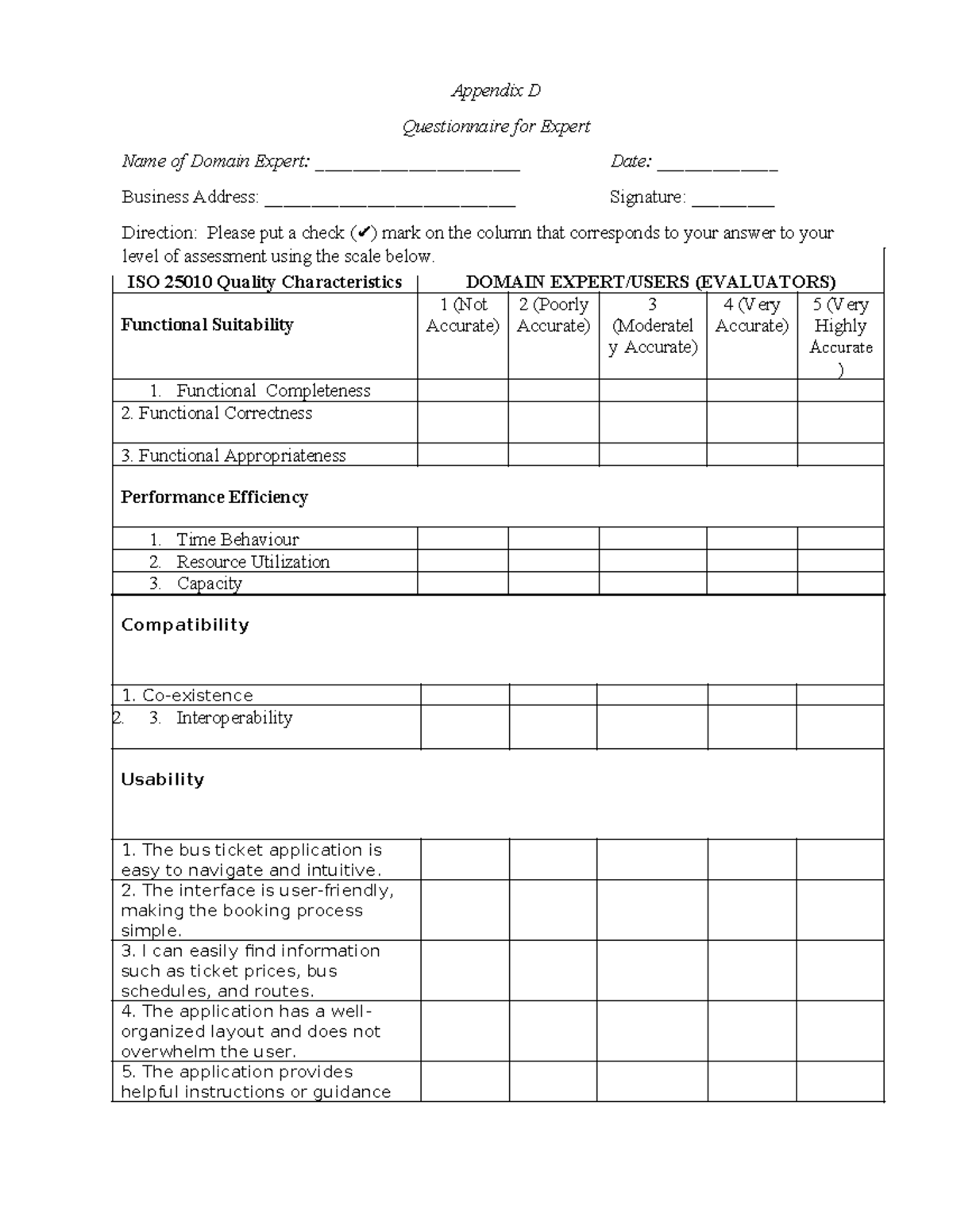 Appendix D: Expert Questionnaire for ISO 25010 Assessment - Studocu