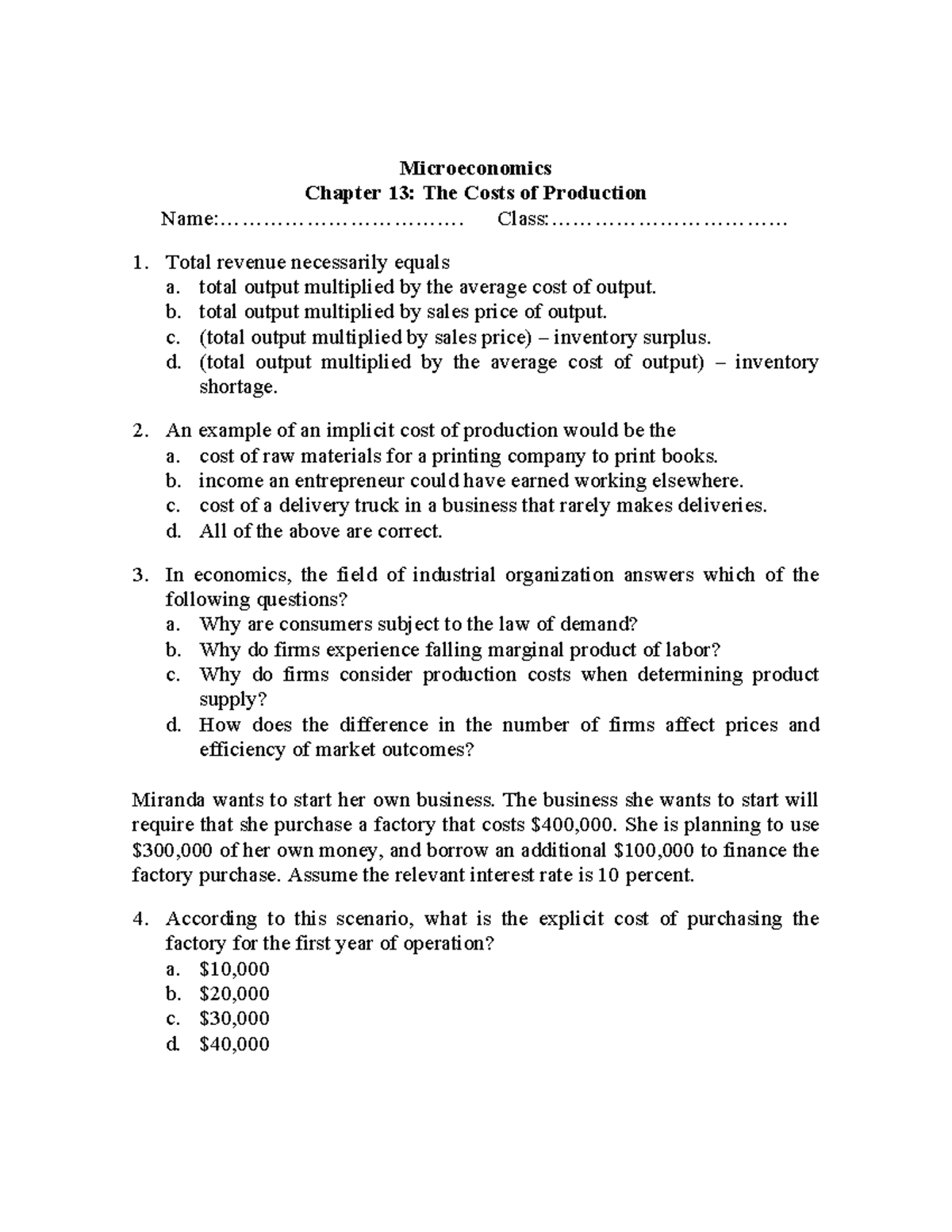 Microeconomics (ECON 101) Chapter 13: The Costs of Production - Test A ...