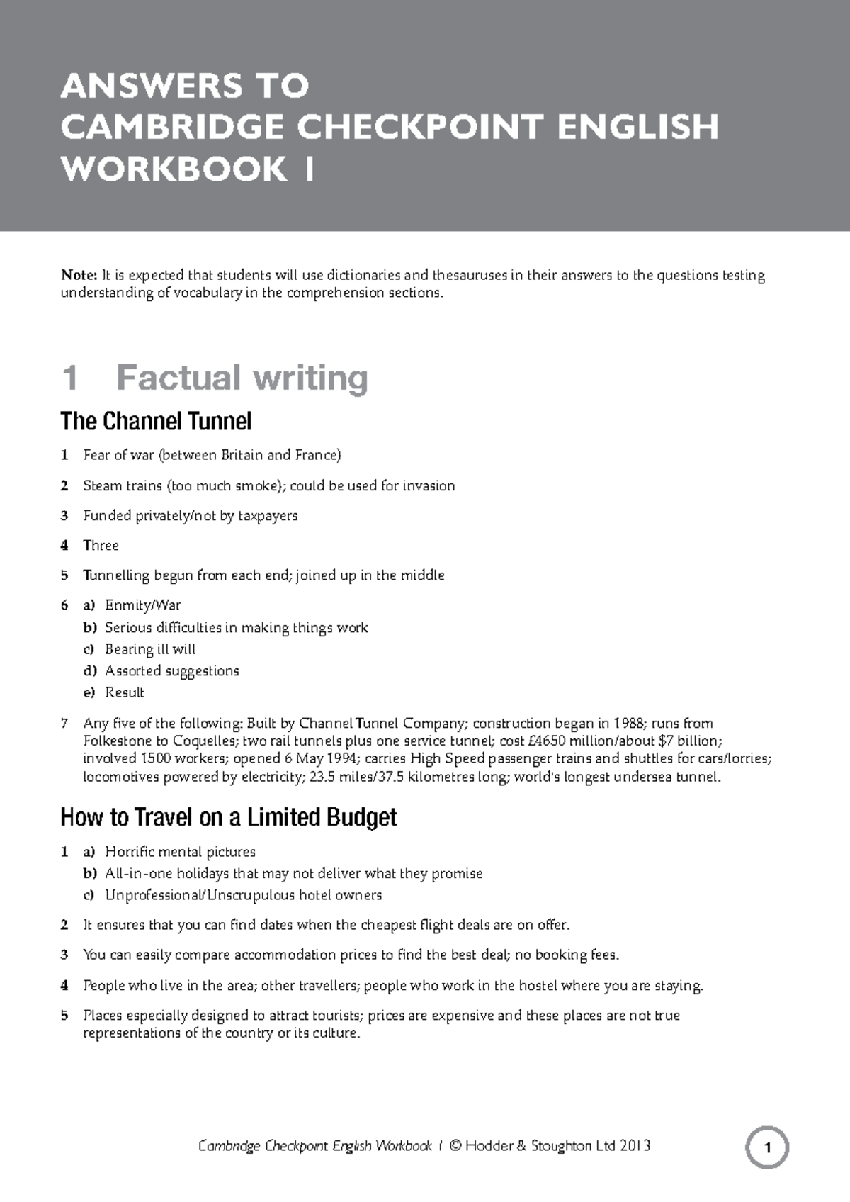 Cambridge Checkpoint English Workbook 1: Answer Key & Study Guide - Studocu