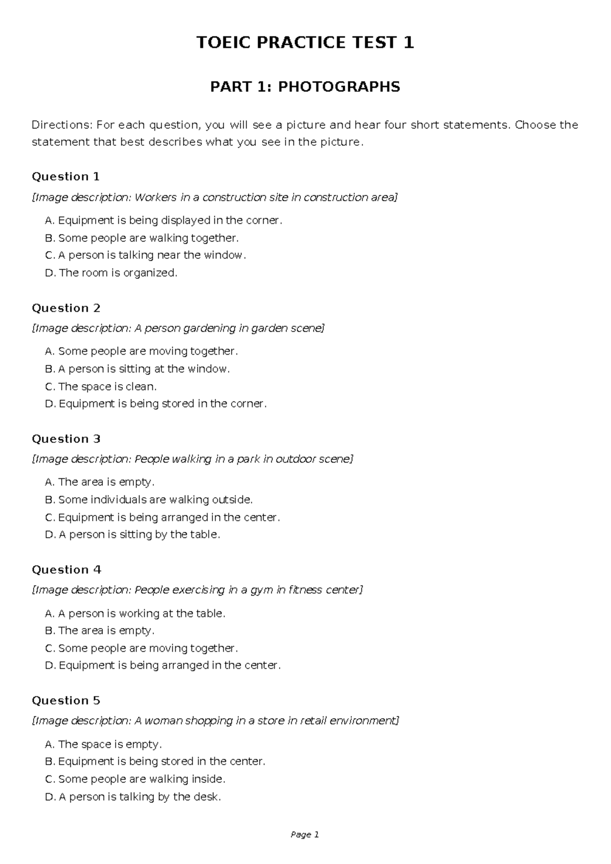 TOEIC Practice Test 01: Part 1 - Photographs Descriptions - Studocu