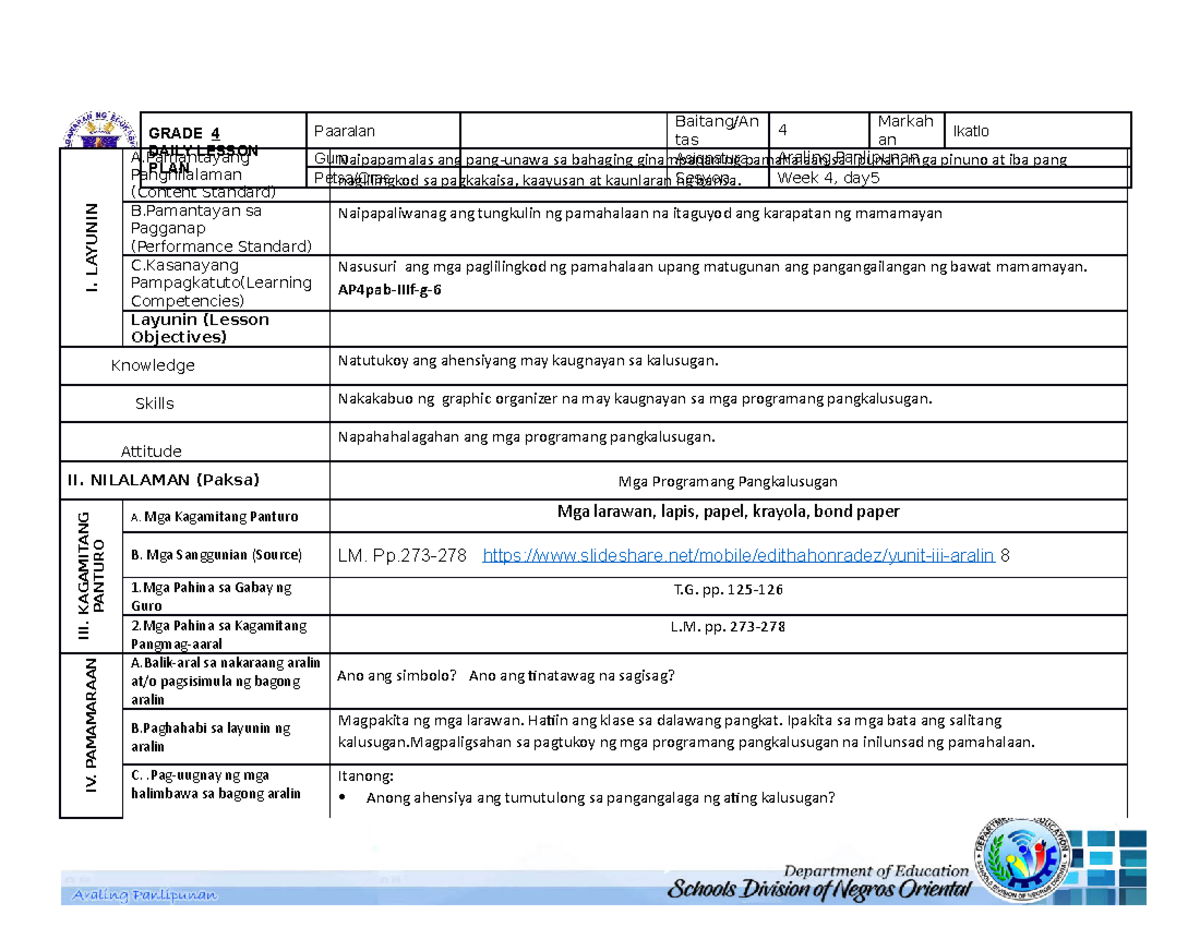 Q3 AP4 Sesyon 20 - AP DLp - I. LAYUNIN A Pangnilalaman (Content ...