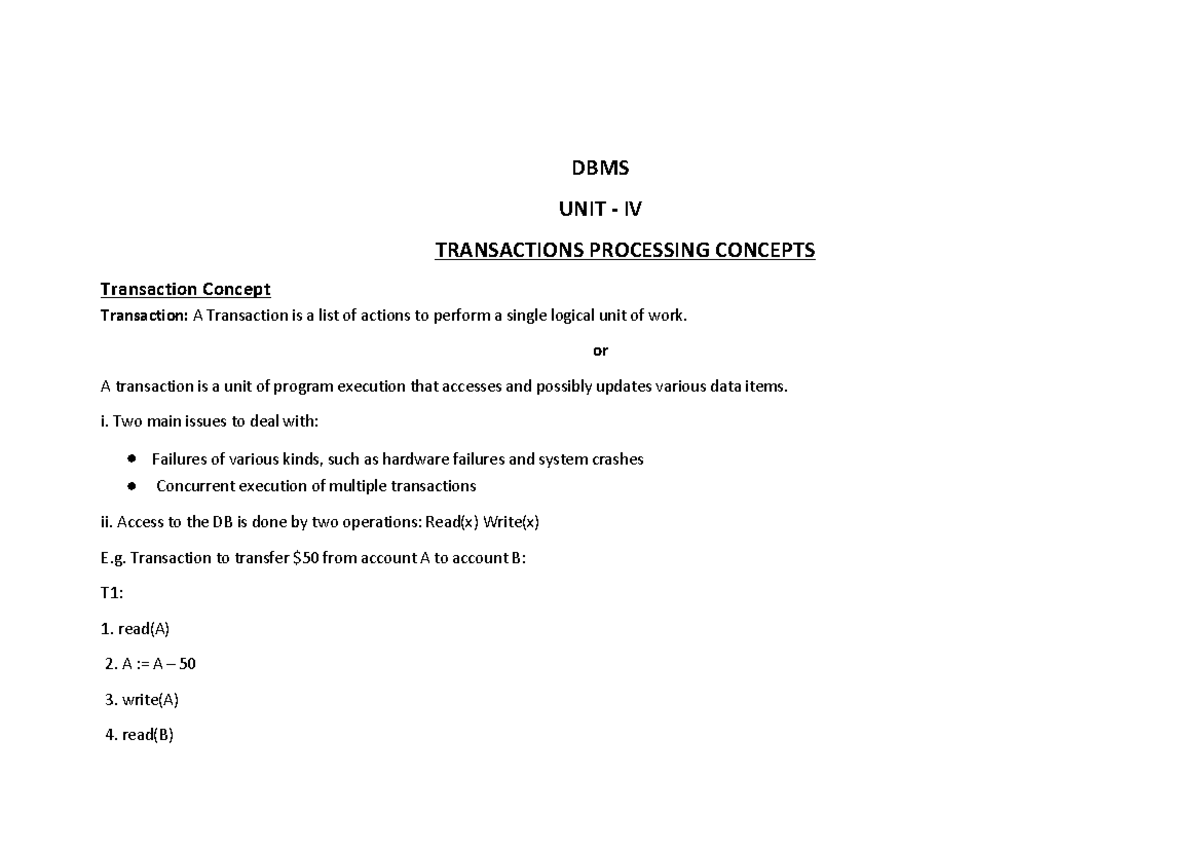DBMS Unit-4: In-Depth Study on Transaction Processing Concepts - Studocu