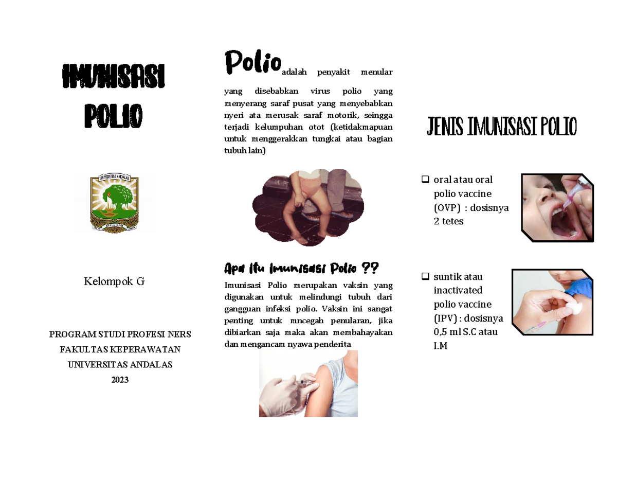 Imunisasi Polio: Leaflet for Program Studi Profesi Ners 2023 - Studocu