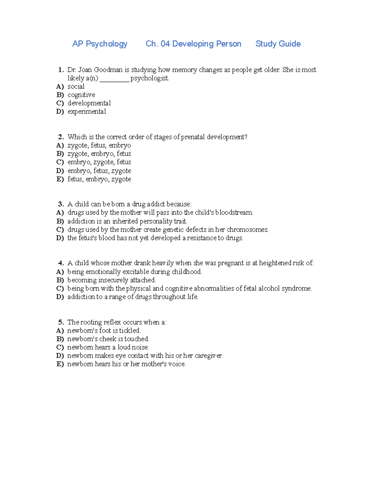 AP Psychology Ch. 04 Study Guide: Developing the Person - Studocu
