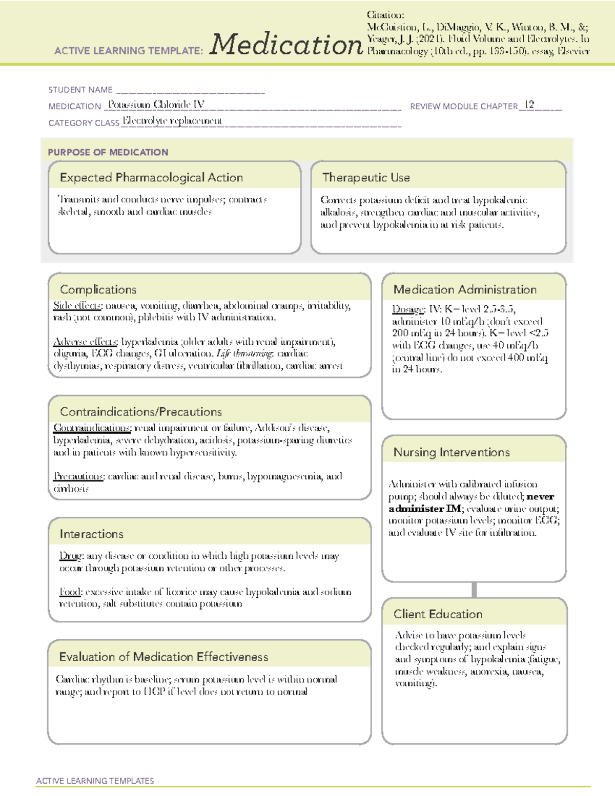ATI Medication Potassium Chloride - ACTIVE LEARNING TEMPLATES ...