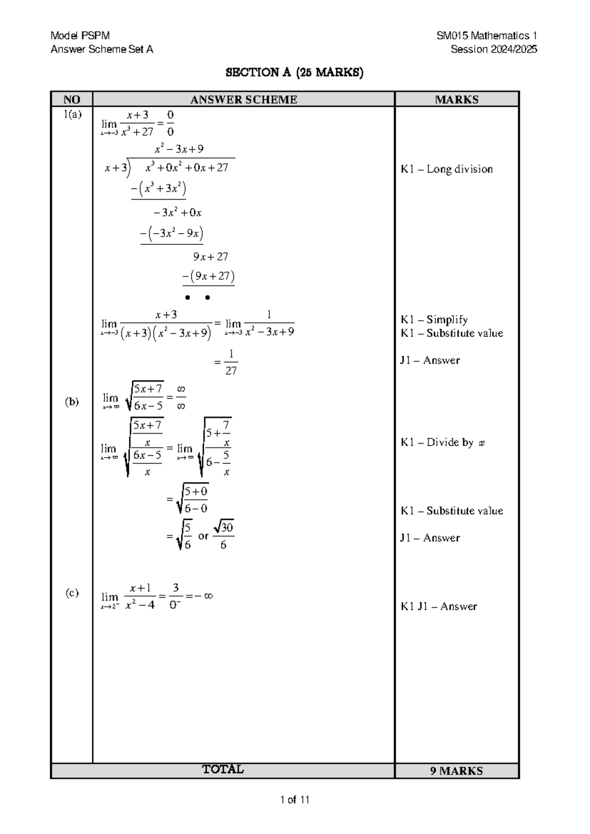 Model PSPM Answer Scheme Set A SM015 Mathematics 1 Final Exam - Studocu