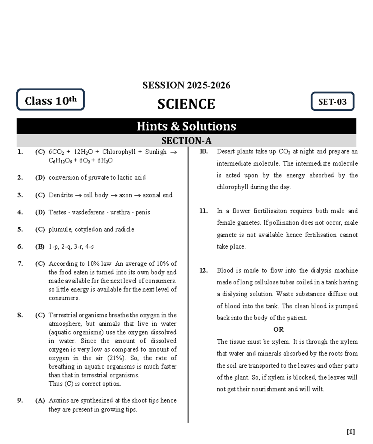 Class 10 SCIENCE Sample Question Paper Solutions Set 3 - Studocu