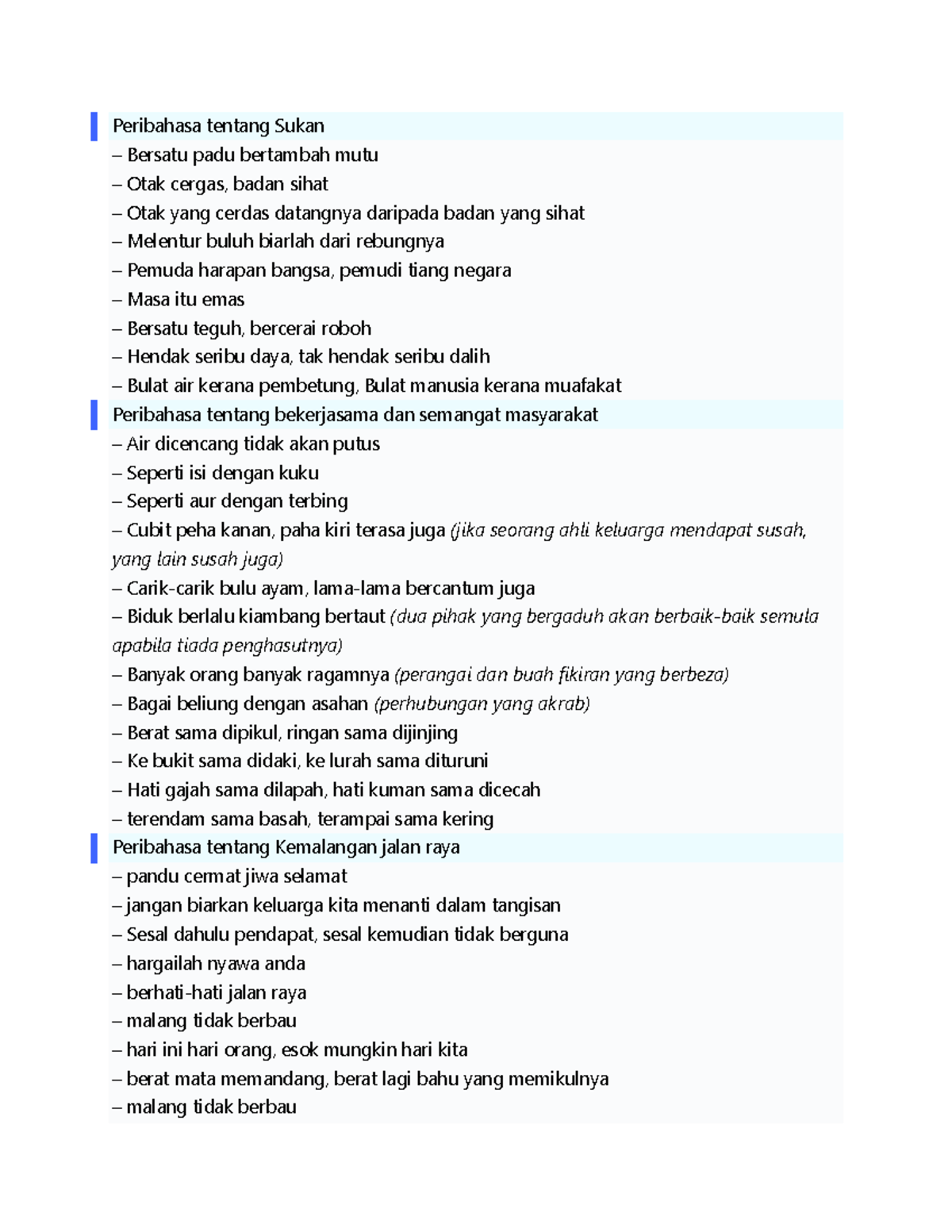 BM Peribahasa: Sukan hingga Kerjaya dan Keinsafan - Studocu