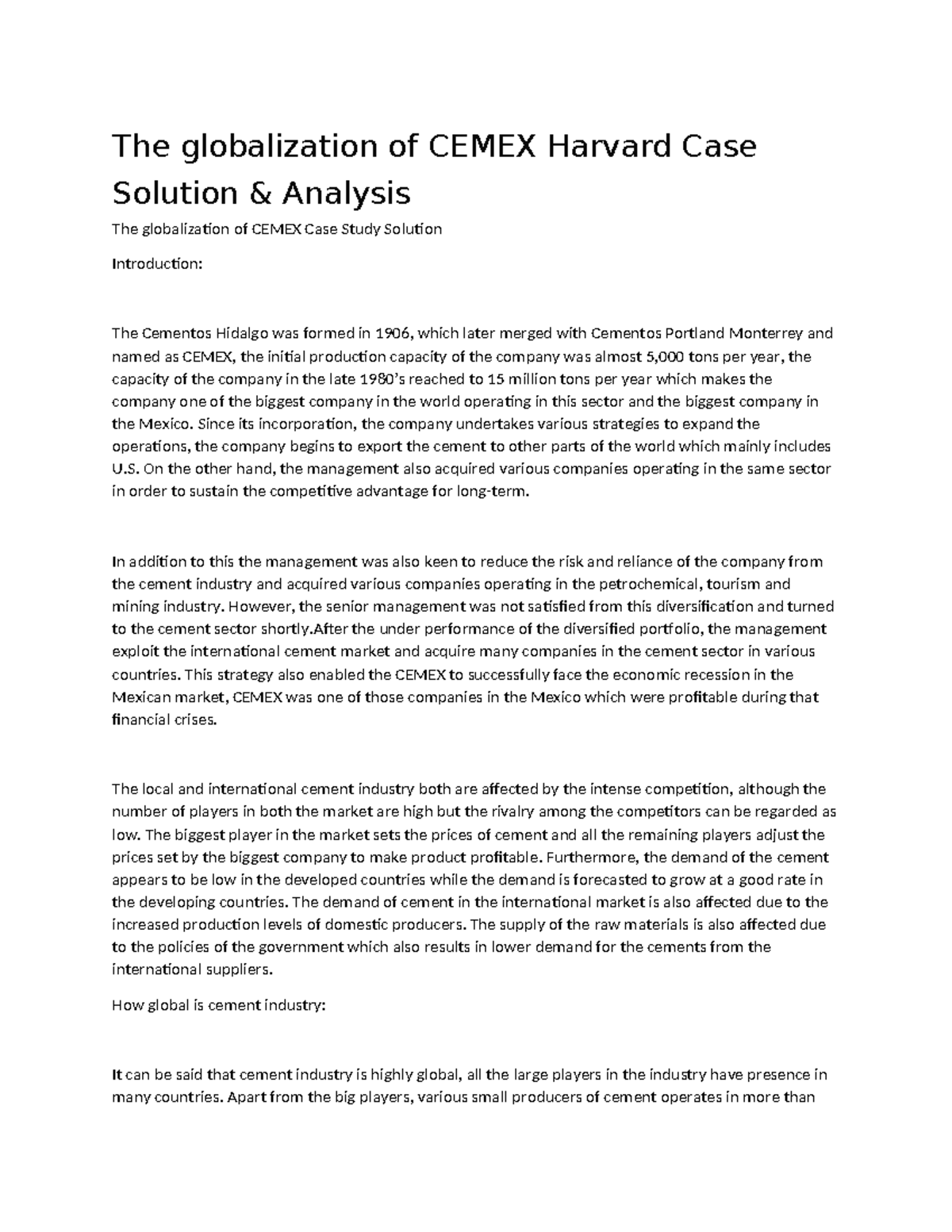 CEMEX Globalization Case Study - Analysis & Insights Essay - Studocu
