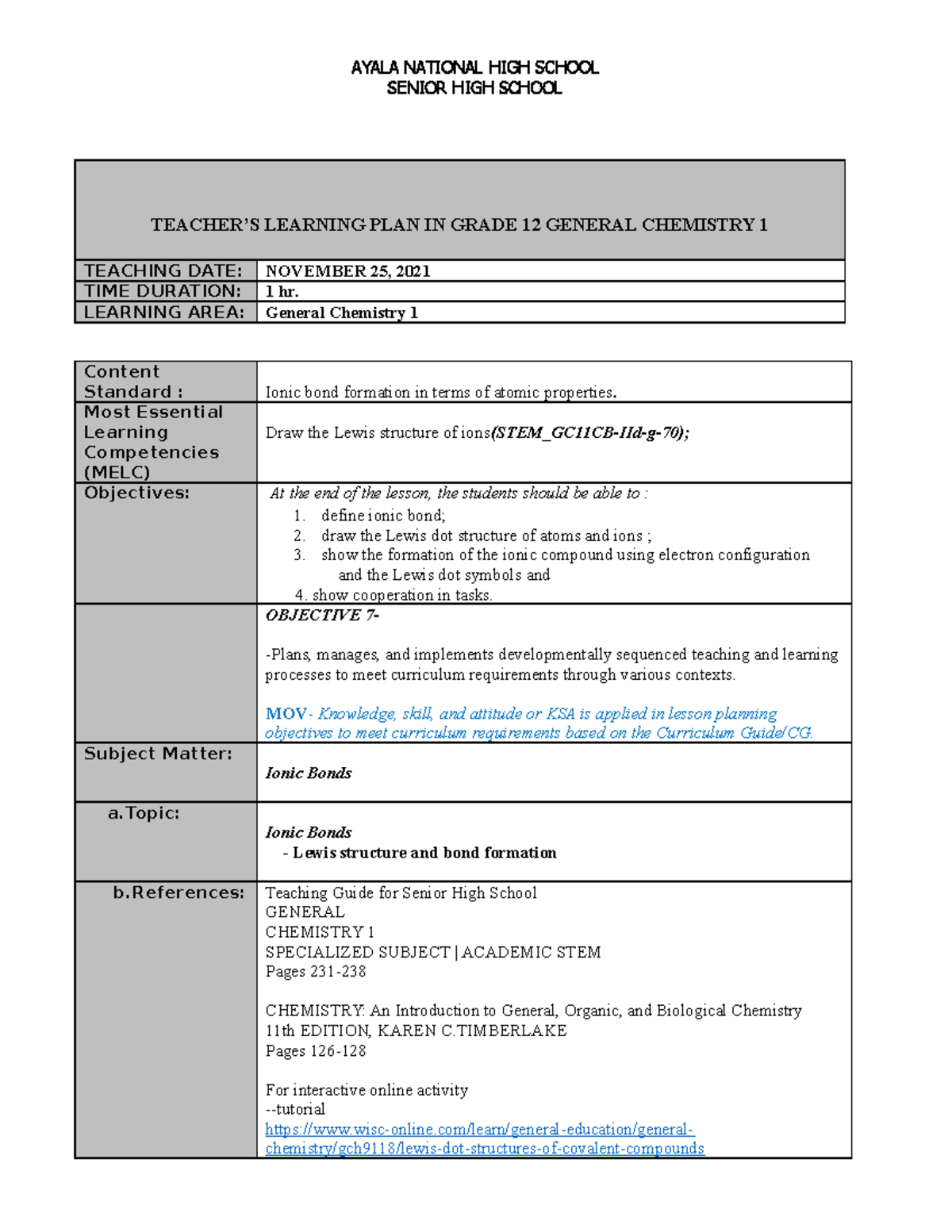 Lesson Plan: Ionic Bonds in Grade 12 Gen Chem 1 (STEM_GC11CB-IId-g-70 ...
