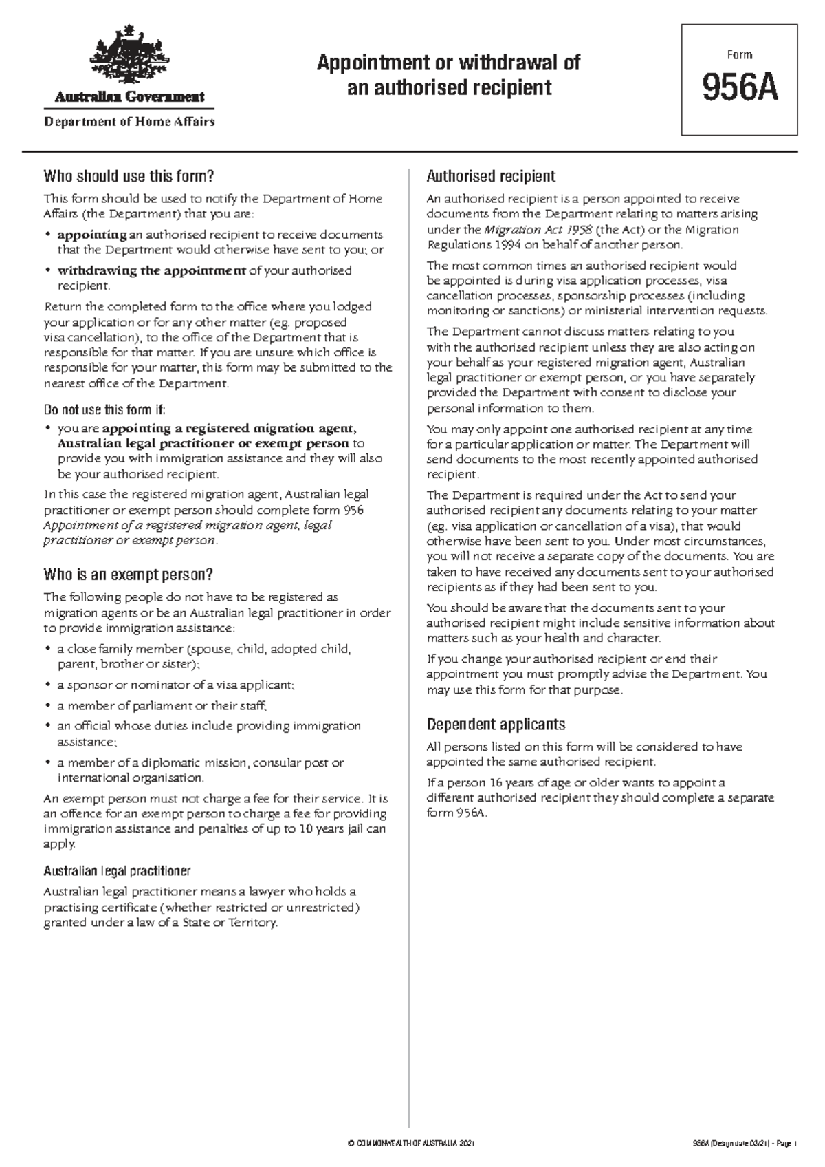 Form 956A: Appointment & Withdrawal of Authorised Recipient - Studocu