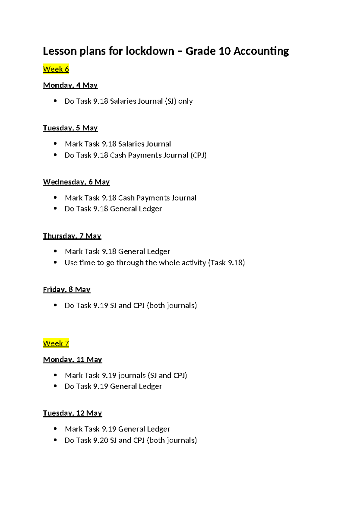Grade 10 Accounting Lesson Plans: Weeks 6-8 Tasks Overview - Studocu