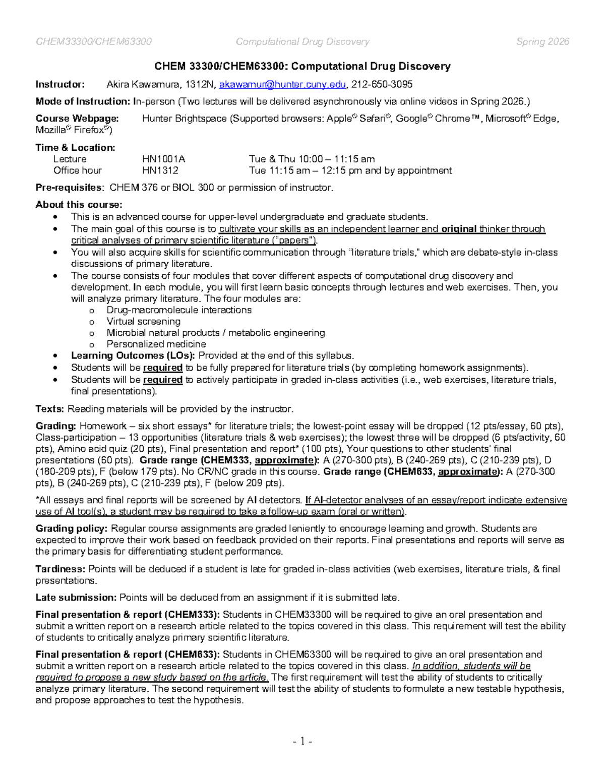 CHEM 633 Syllabus: Computational Drug Discovery Spring 2026 - Studocu