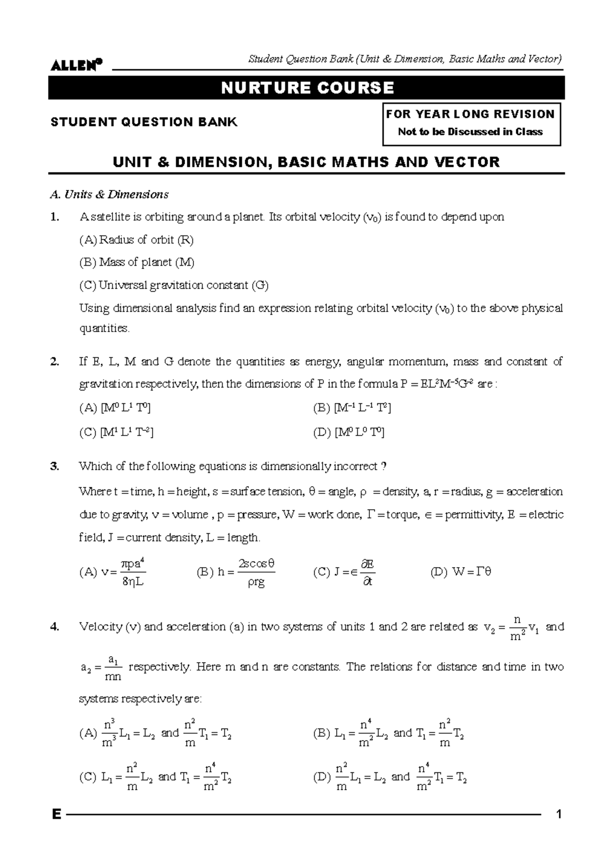 Student Question Bank (Unit Dimension, Basic Maths and Vector) - ALLEN ...