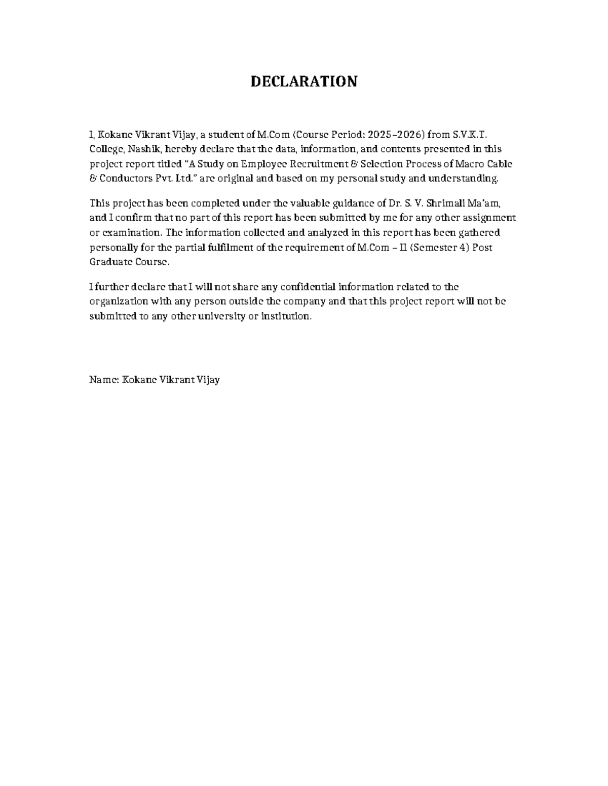 M.Com II (Sem 4) Declaration for Project on Employee Recruitment - Studocu
