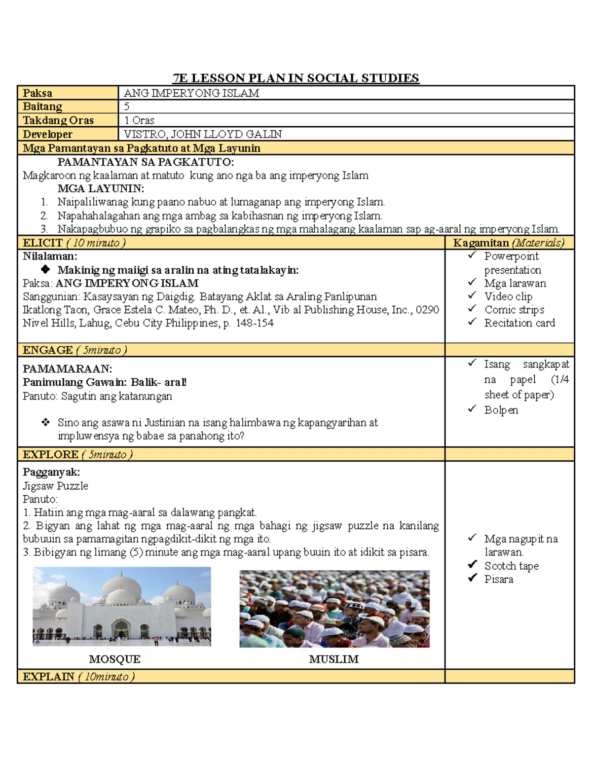 7E Lesson Plan and Demo on the Islamic Empire for Social Studies - Studocu