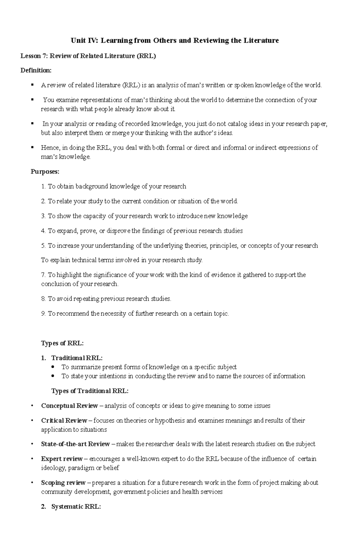 Unit IV Lecture Notes 6: Review of Related Literature Overview - Studocu