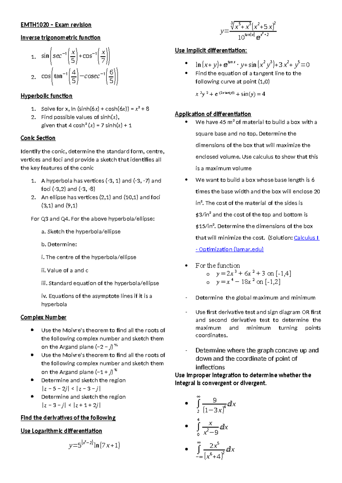 EMTH1020 - Comprehensive Exam Revision on Inverse Trigonometric Functions - Studocu