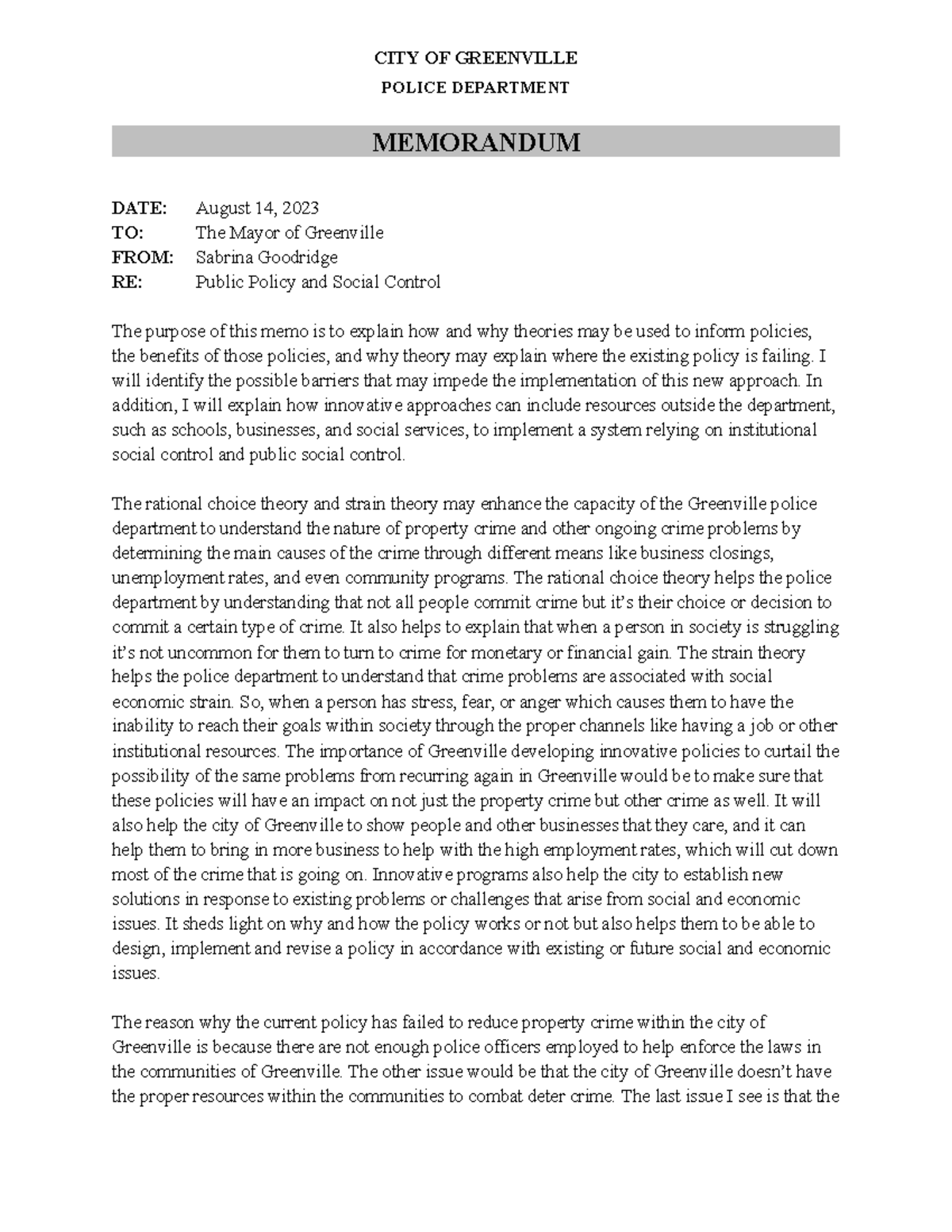 CJ 306 8-1 Project Three Memo: Public Policy & Social Control in ...