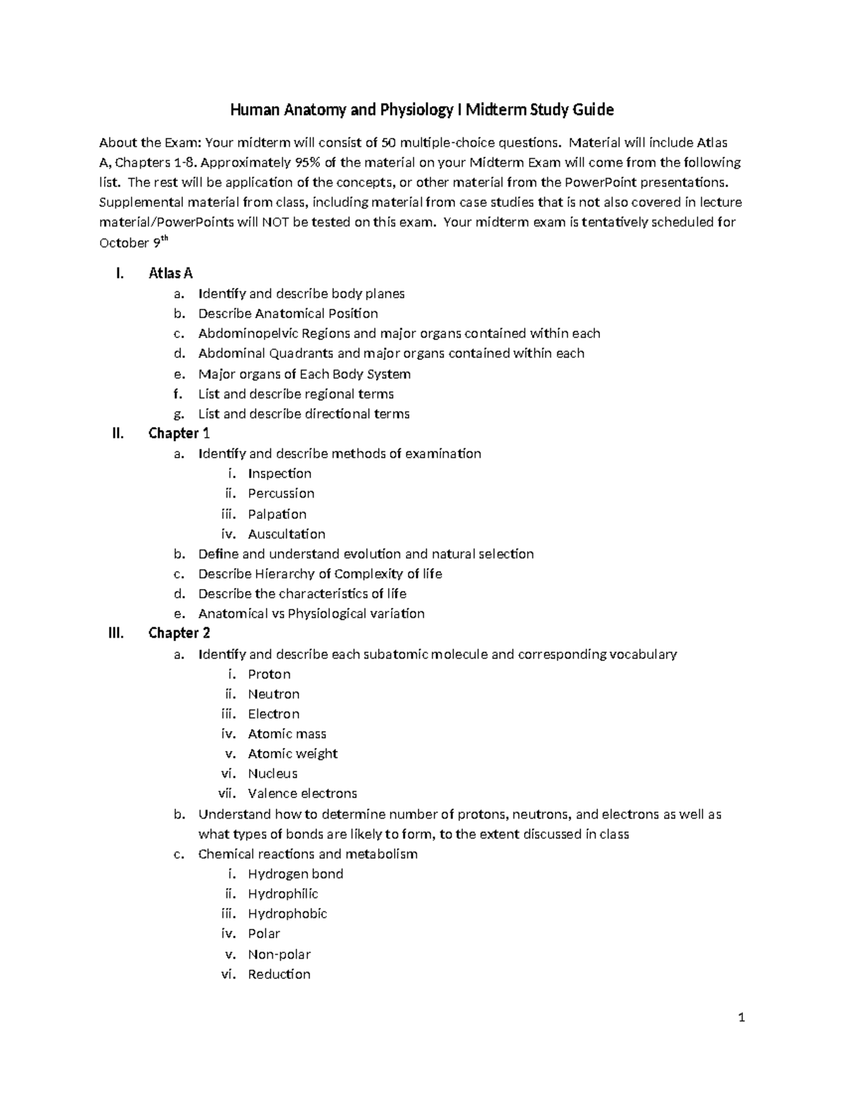 Human Anatomy and Physiology I Midterm Study Guide (Fall 2025) - Studocu