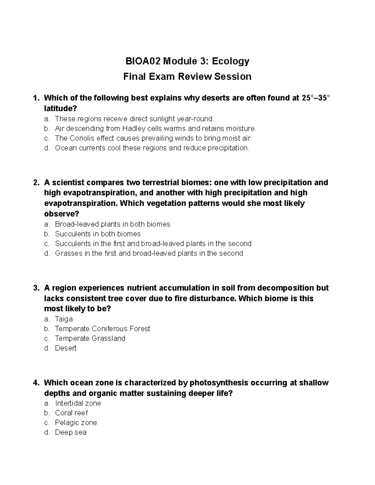 BIOA02 Module 3: Ecology Final Exam Study Guide - Studocu