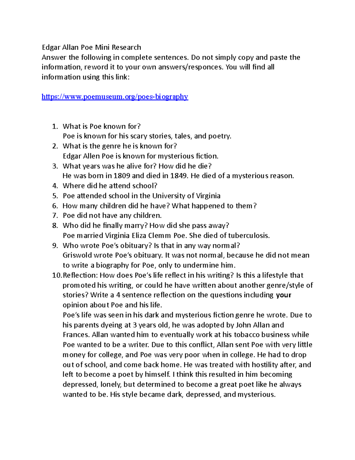 ENG 101 Poe’s Impact: A Mini Research Study on Edgar Allan Poe - Studocu