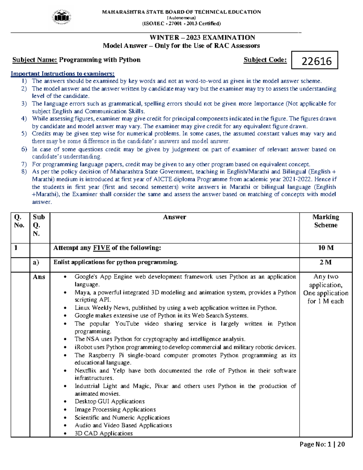 22616 Winter 2023 Model Answer for Python Programming Exam - Studocu