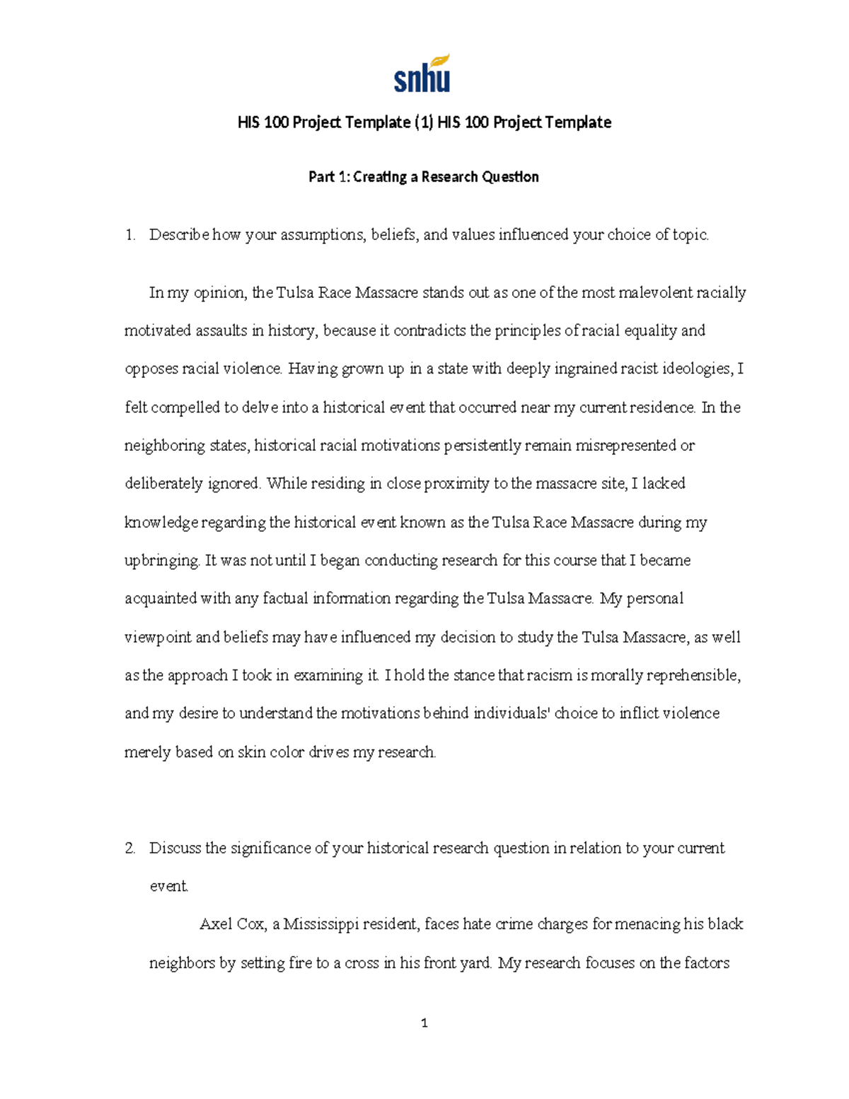 HIS 100 Project Submission 7: Exploring the Tulsa Race Massacre - Studocu