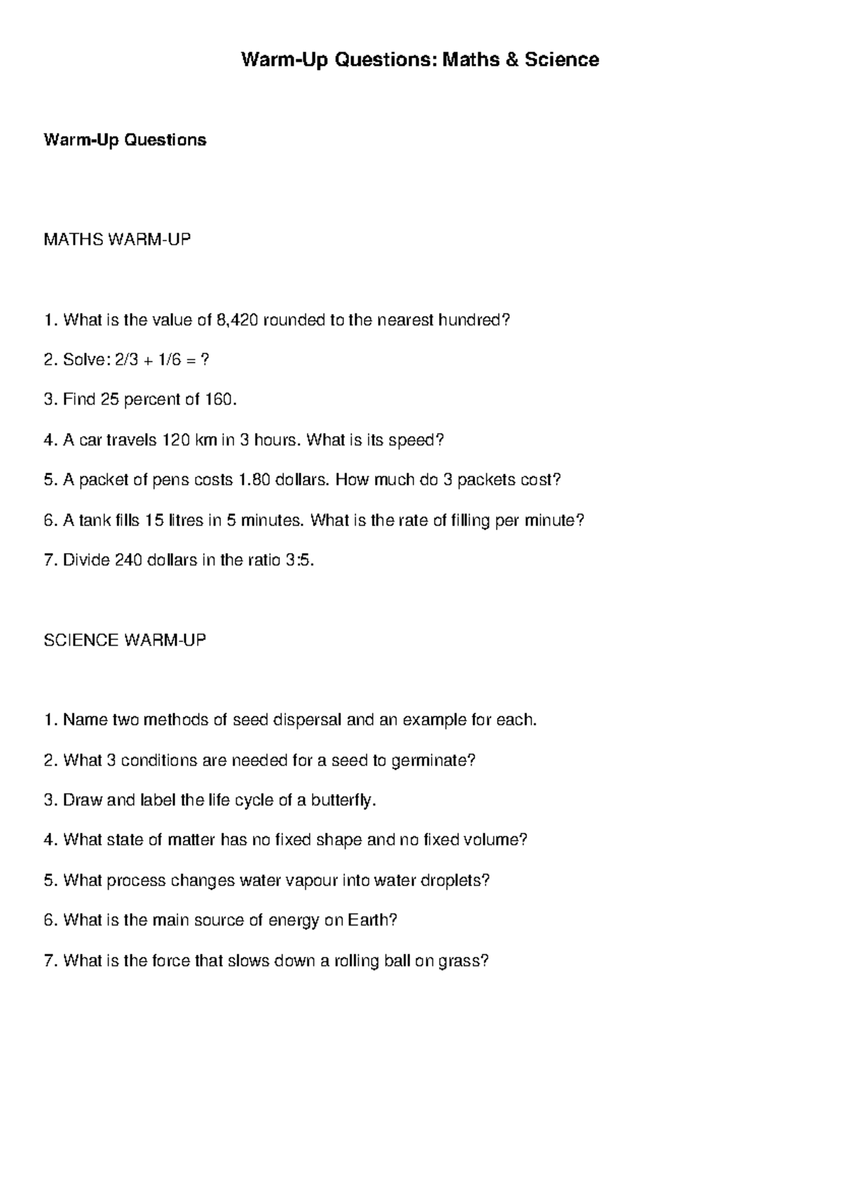 Warm Up Questions: Maths & Science MATHS 1 & SCIENCE 1 - Studocu