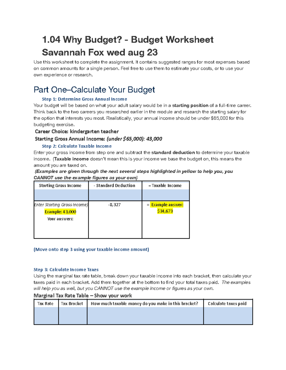 1.04 Budget Worksheet Assignment: Calculating Your Financial Plan - Studocu