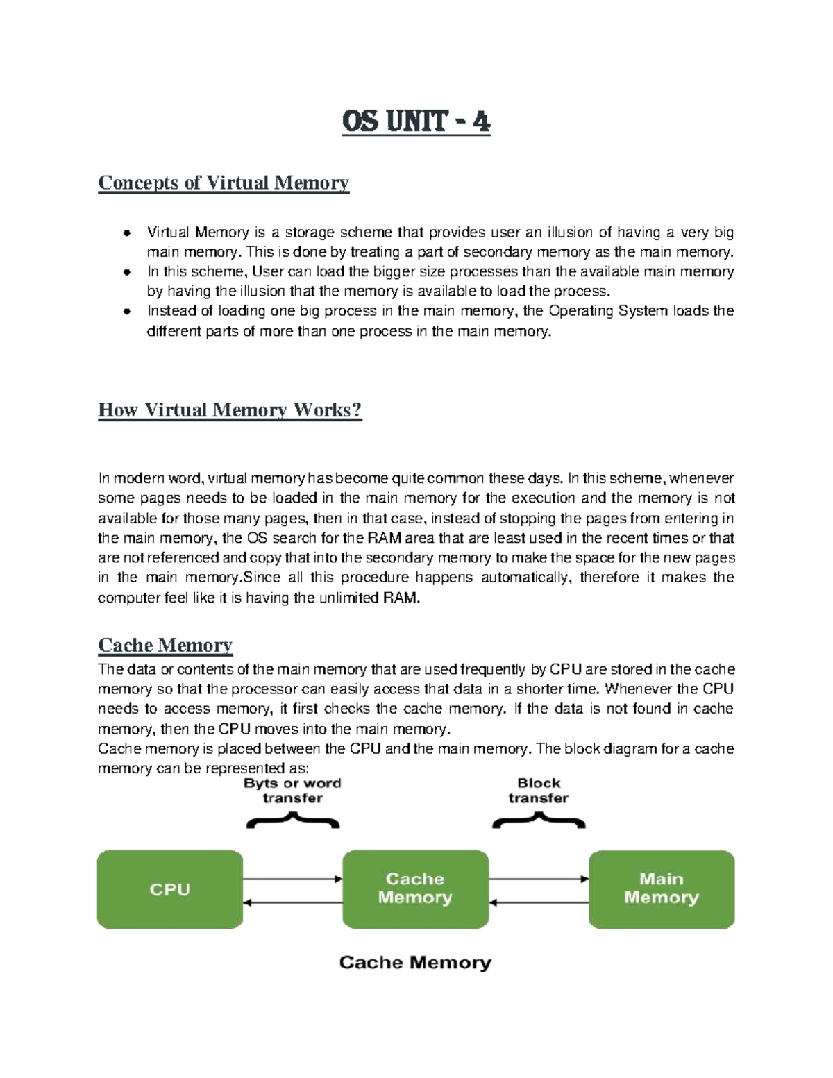 OS UNIT 4: Concepts of Virtual Memory and Cache Management - Studocu