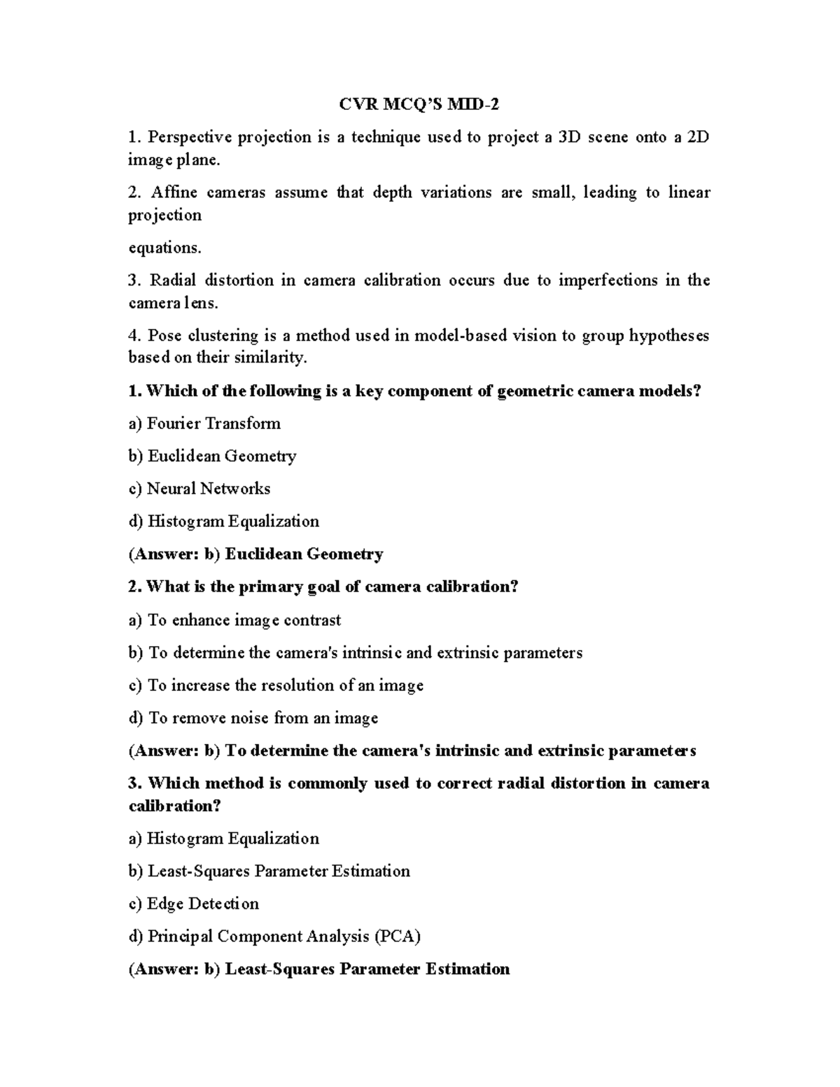 CVR MCQ's - MCQ's - CVR MCQ’S MID- Perspective projection is a ...