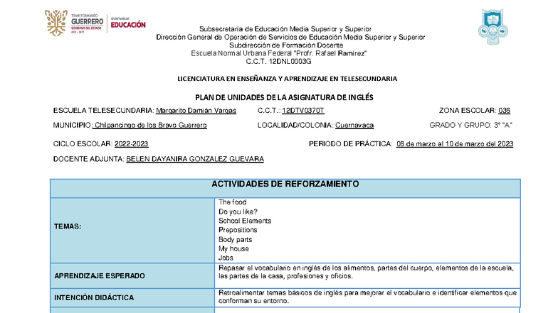 Planeación de Inglés: Primer Semana - Octavo Semestre - Studocu