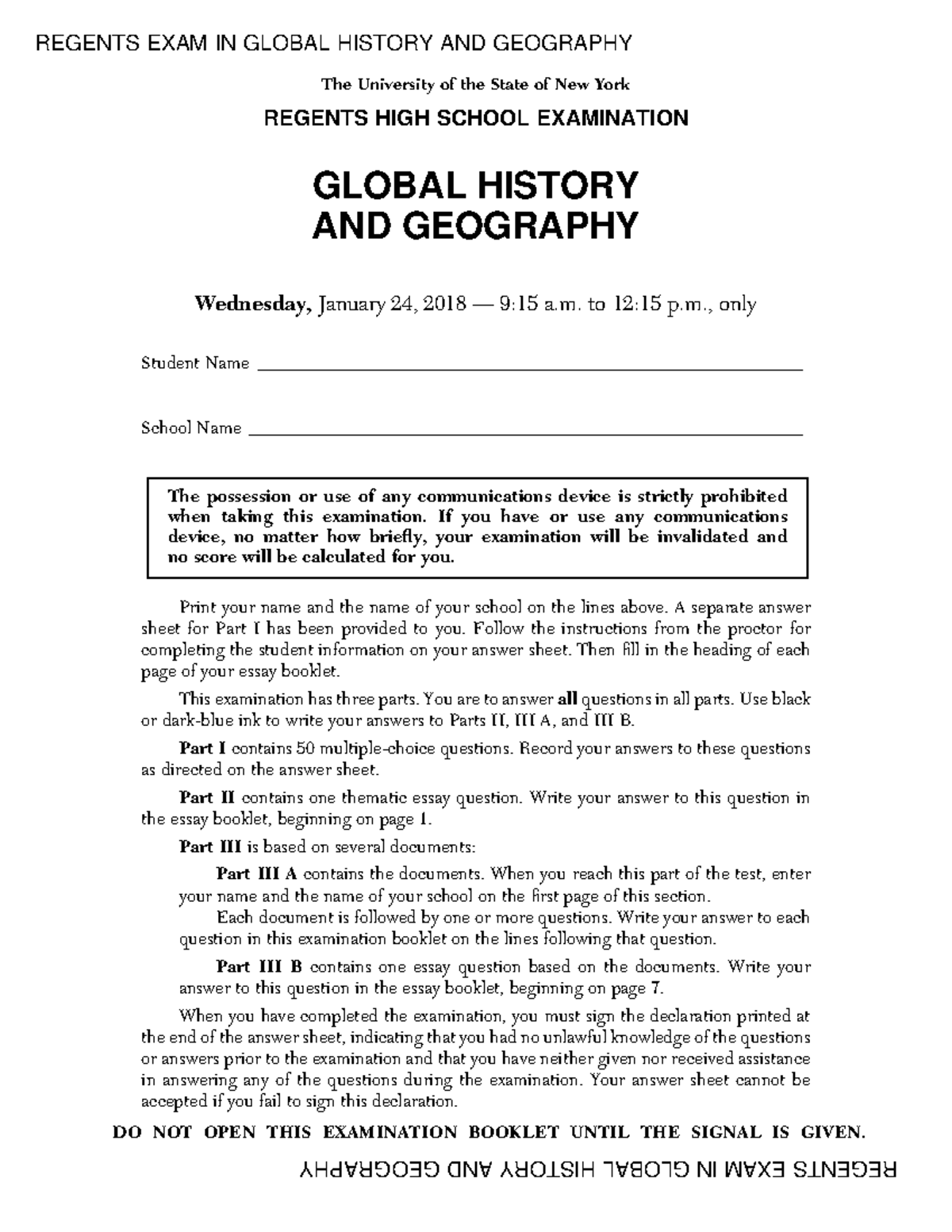 REGENTS EXAM IN GLOBAL HISTORY AND GEOGRAPHY - January 2018 - Studocu