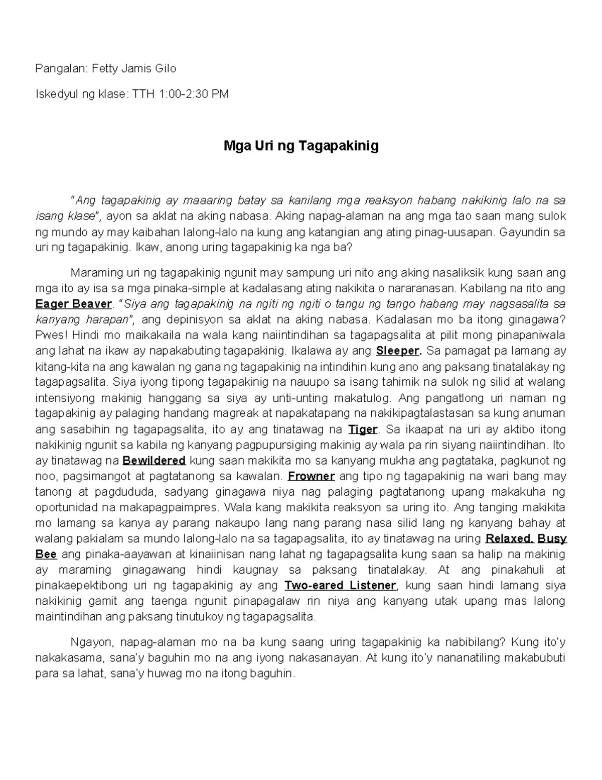 Mga Uri ng Tagapakinig: Isang Pagsusuri sa Klase TTH 1-2:30 PM - Studocu
