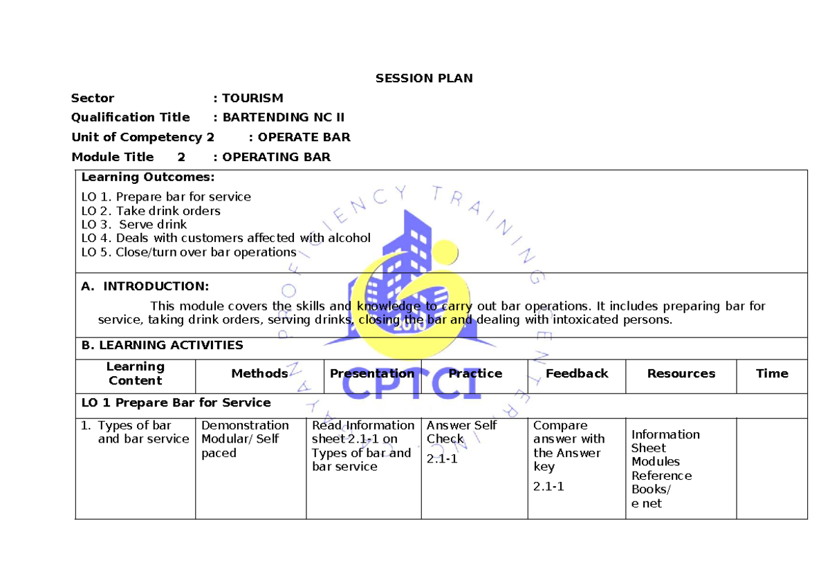 SESSION PLAN 2: OPERATE BAR - BARTENDING NC II - Studocu
