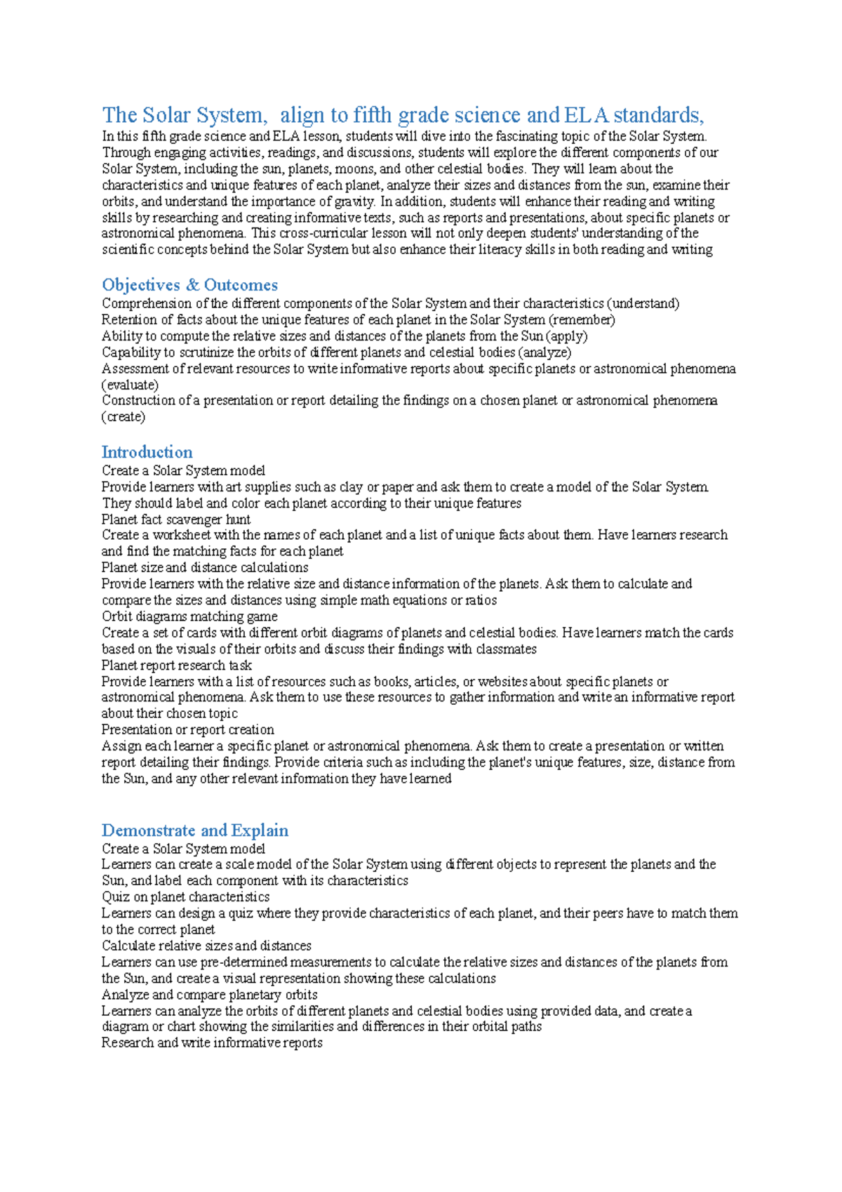 The Solar System, align to fifth grade science and ELA standards ...
