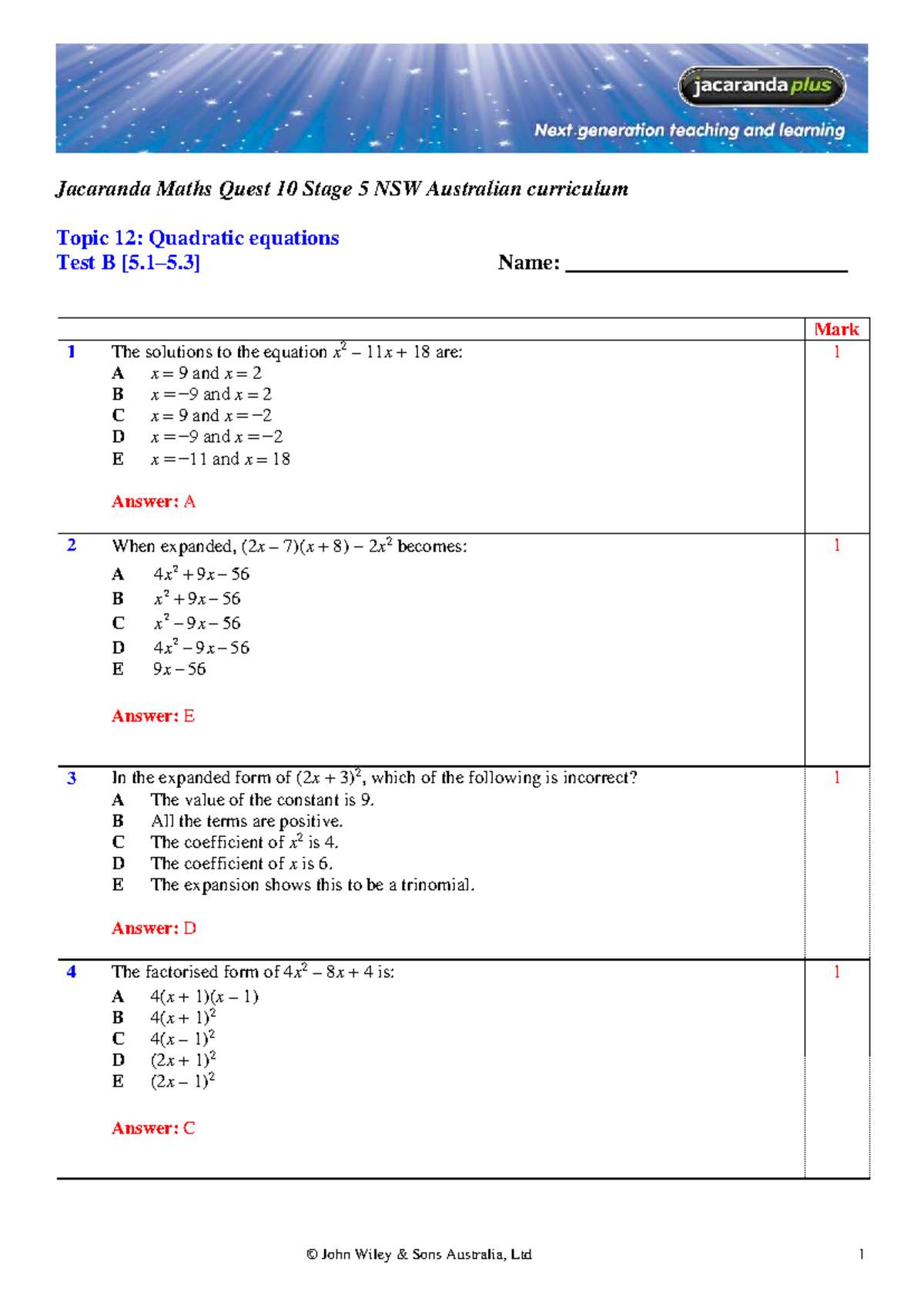 Jacaranda Maths Quest 10 Stage 5 NSW Topic 12: Quadratic Equations Test ...