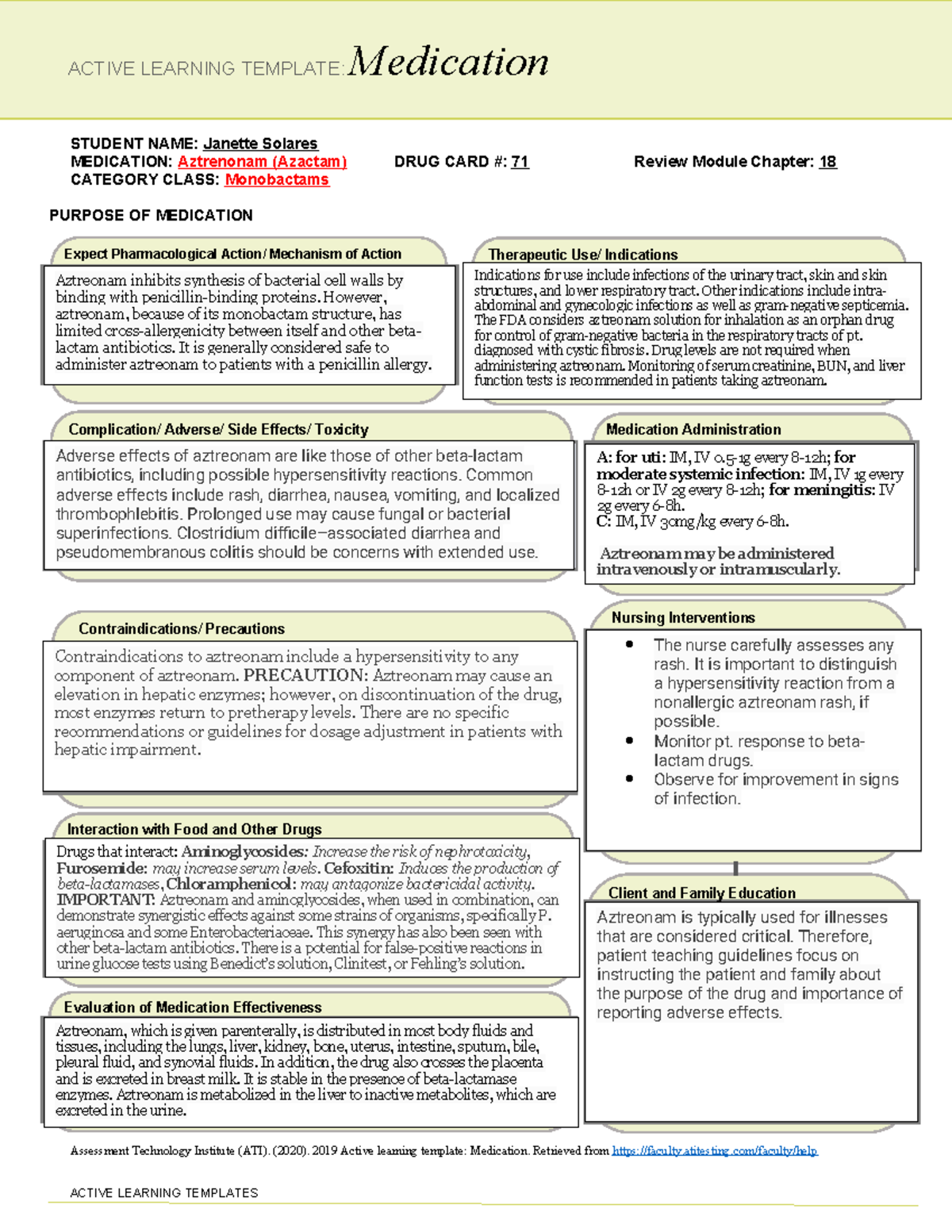 Active Learning Template: Drug Card 71 - Aztreonam (Azactam) - Studocu