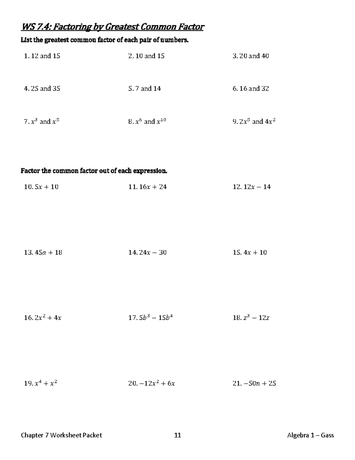 WS 7.4: Factoring GCF Problems - Algebra 1 Worksheet - Studocu