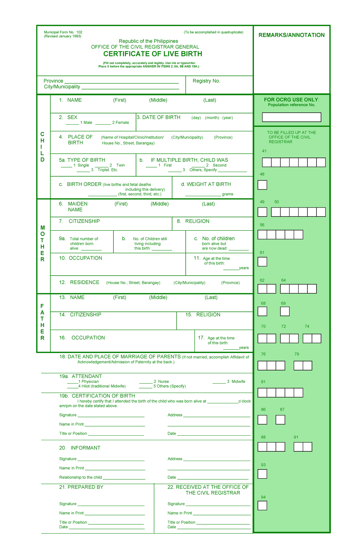 Certificate of Live Birth (COLB) - Municipal Form No. 102 - Studocu