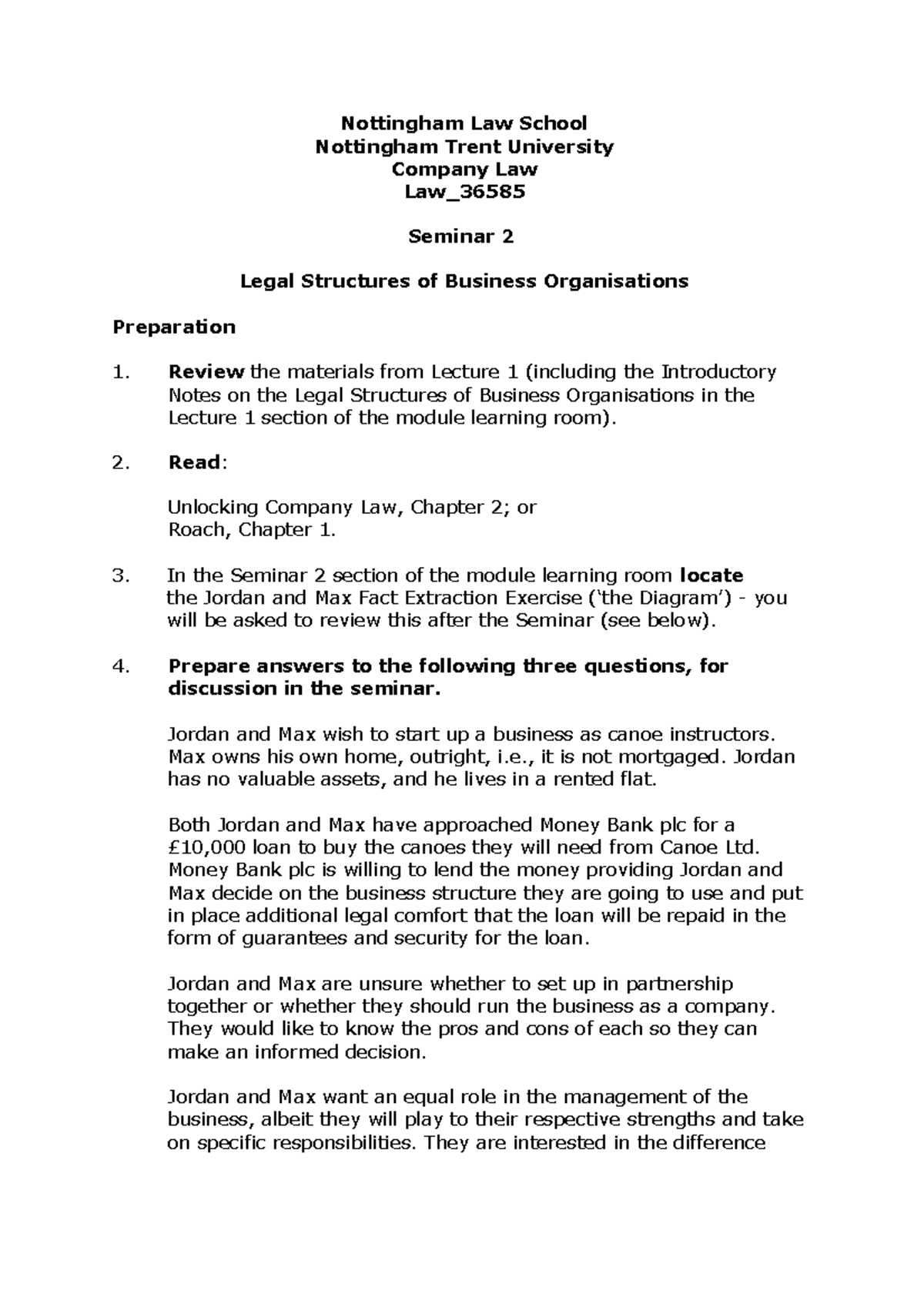 Legal Structures of Business Organisations - Seminar 2 Worksheet - Studocu