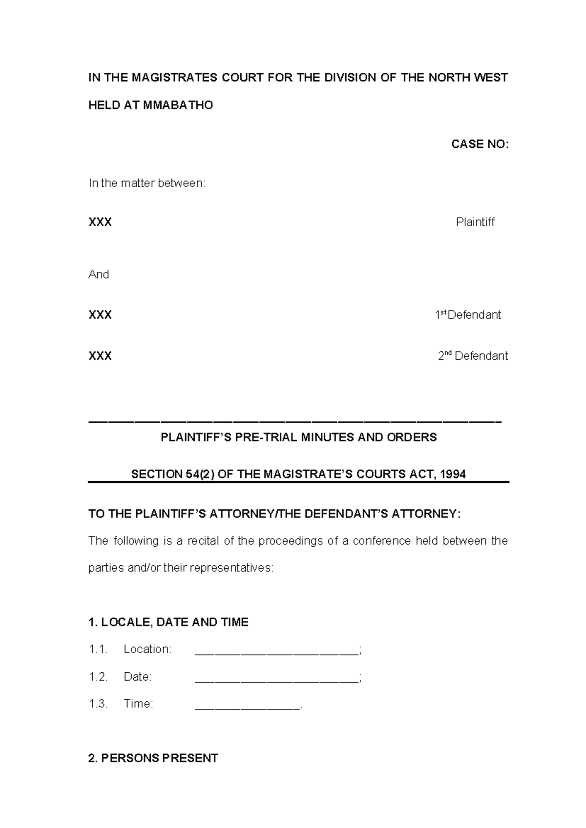 Pre-Trial Agenda and Minutes - Magistrates Court Case Example - Studocu