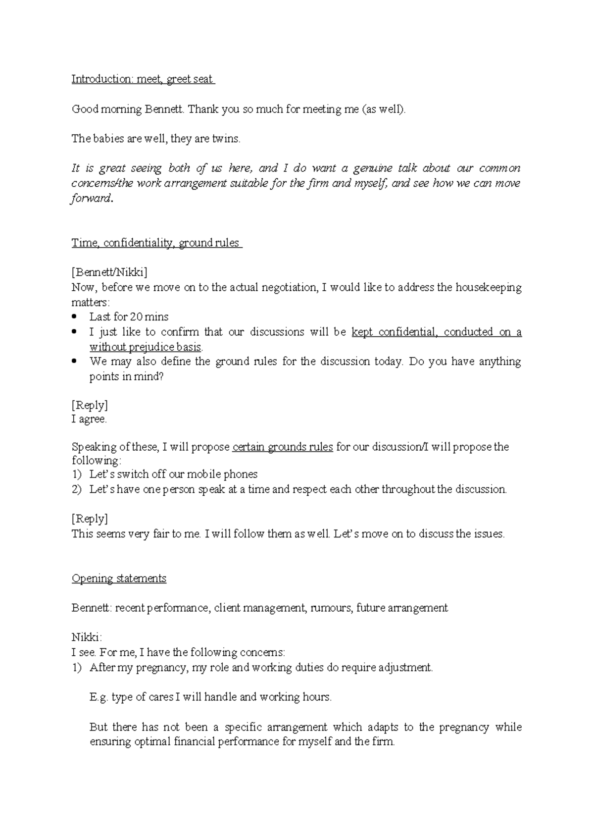 Negotiation Script: Meeting with Bennett on Work Arrangements - Studocu