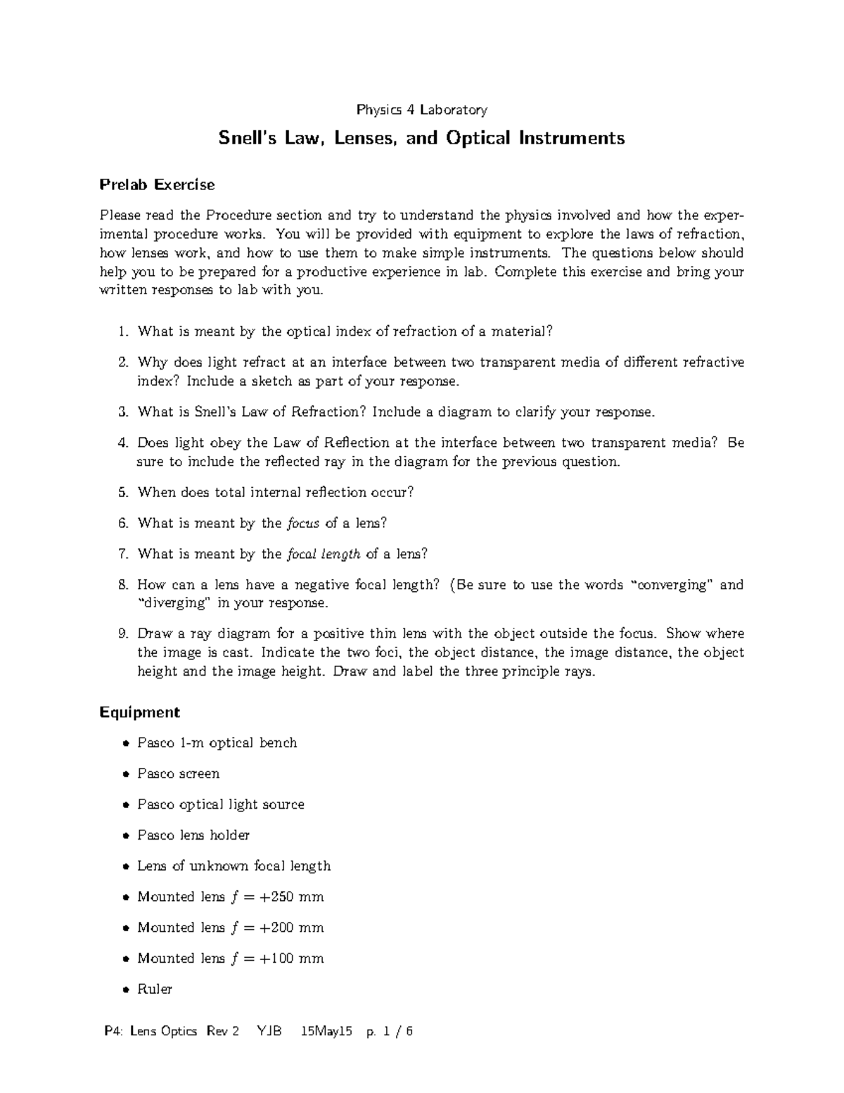 Physics 4 Lab: Snell’s Law Experiment and Optical Instruments - Studocu