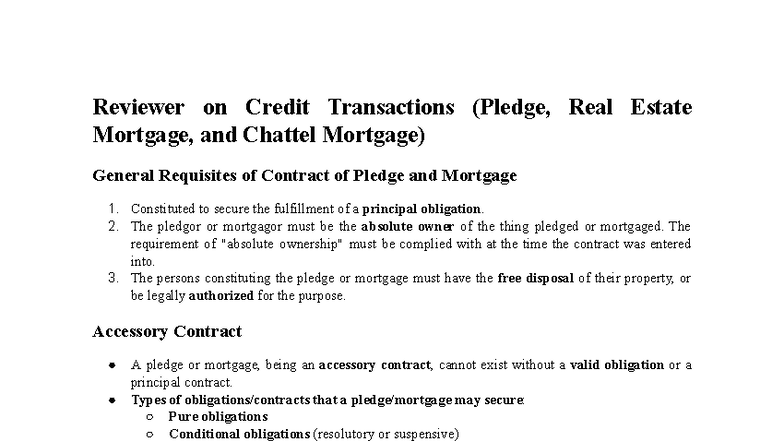 Credit Transactions Review: Pledge & Mortgage Essentials - Studocu